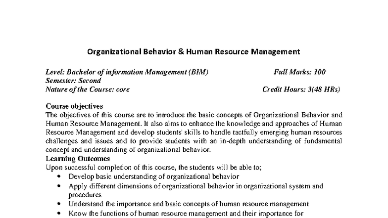 BIM 2nd Sem Syllabus: Organizational Behavior & HRM Overview - Studocu