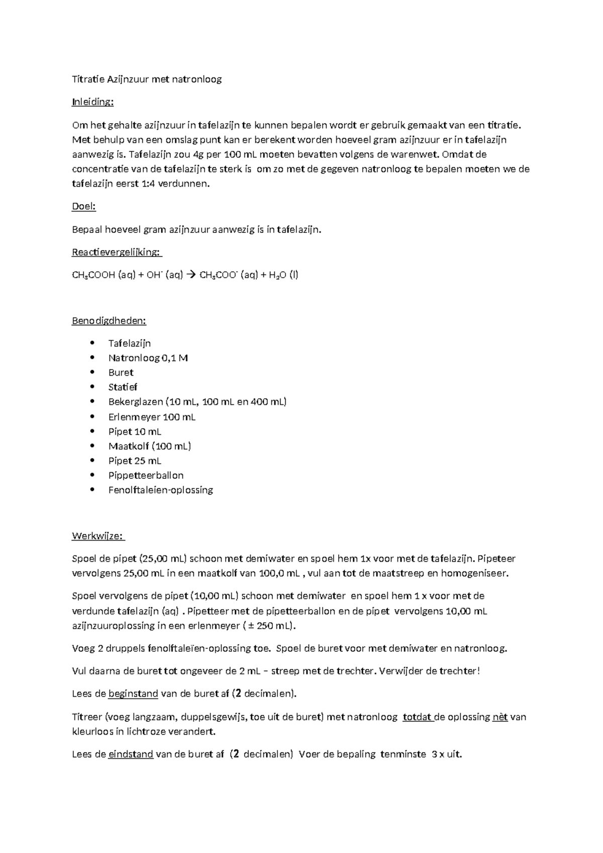 Voorbeeld Verslag Titratie Azijnzuur met Natronloog (Chem 101 ...