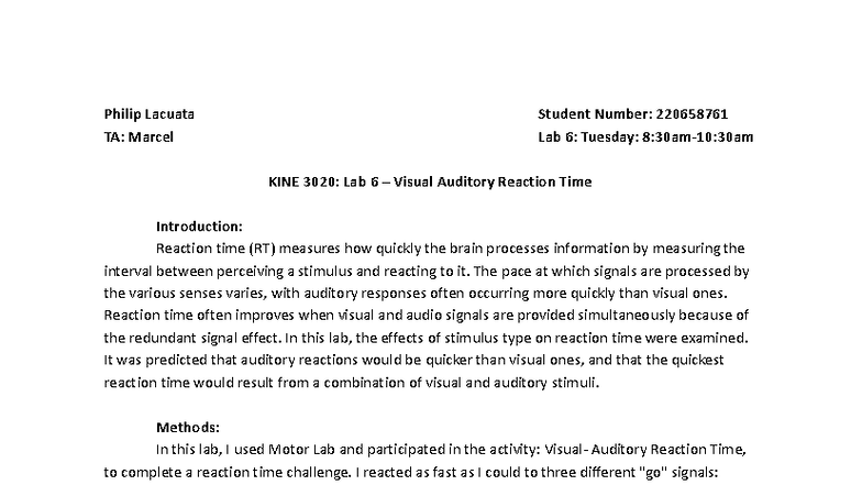KINE 3020 Lab 6: Visual vs. Auditory Reaction Time Analysis - Studocu