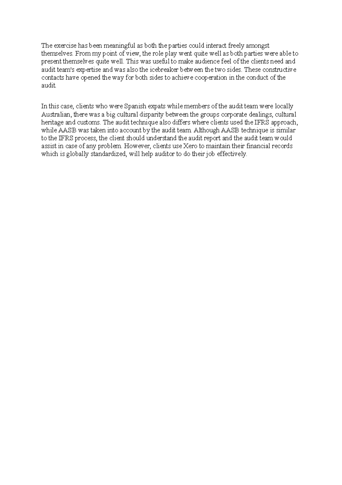 Written Reflection Role play part 1 - The exercise has been meaningful ...