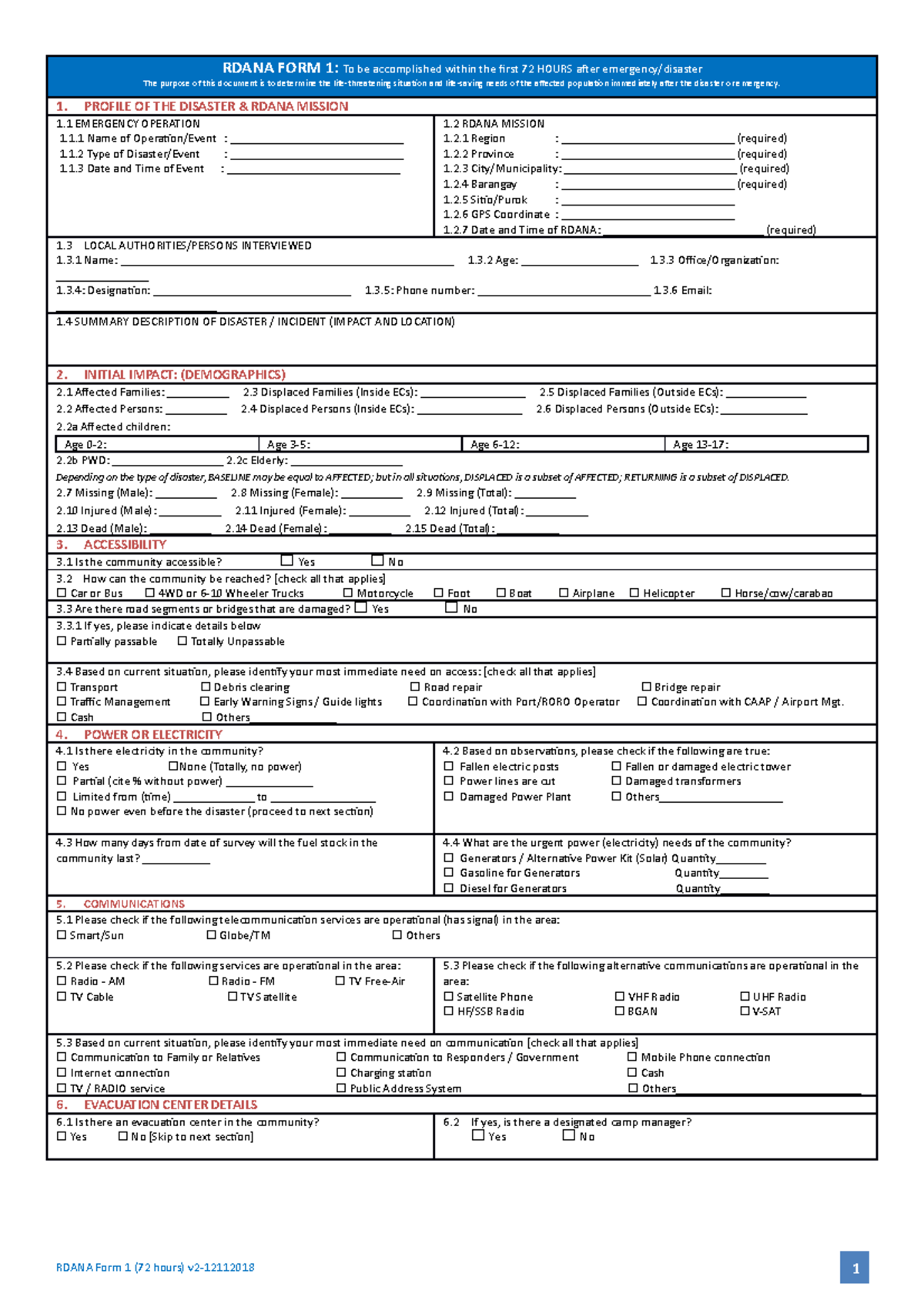 RDANA Form 1: Emergency Response Needs Assessment (2021) - Studocu