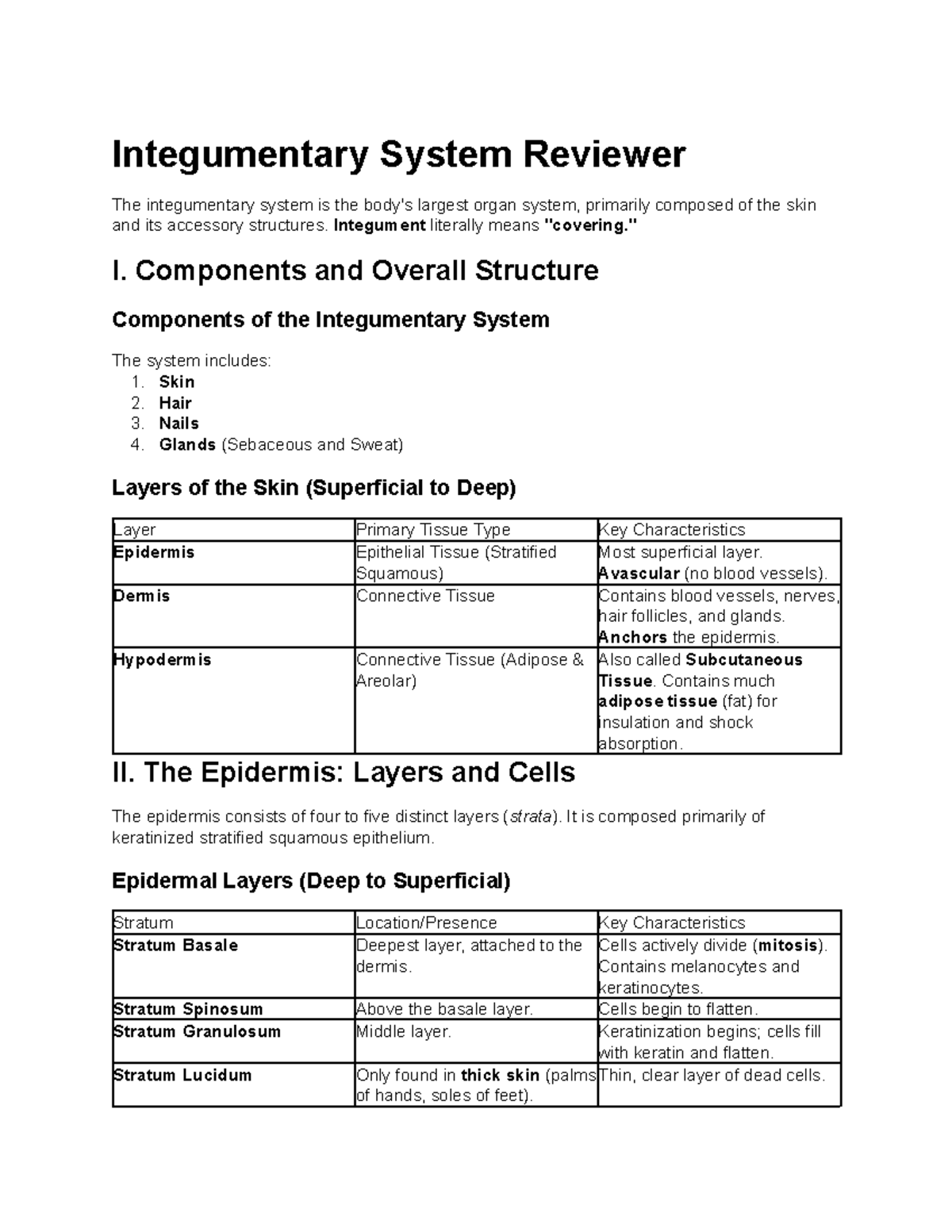 Integumentary System Review Notes for BIO 101 - Studocu