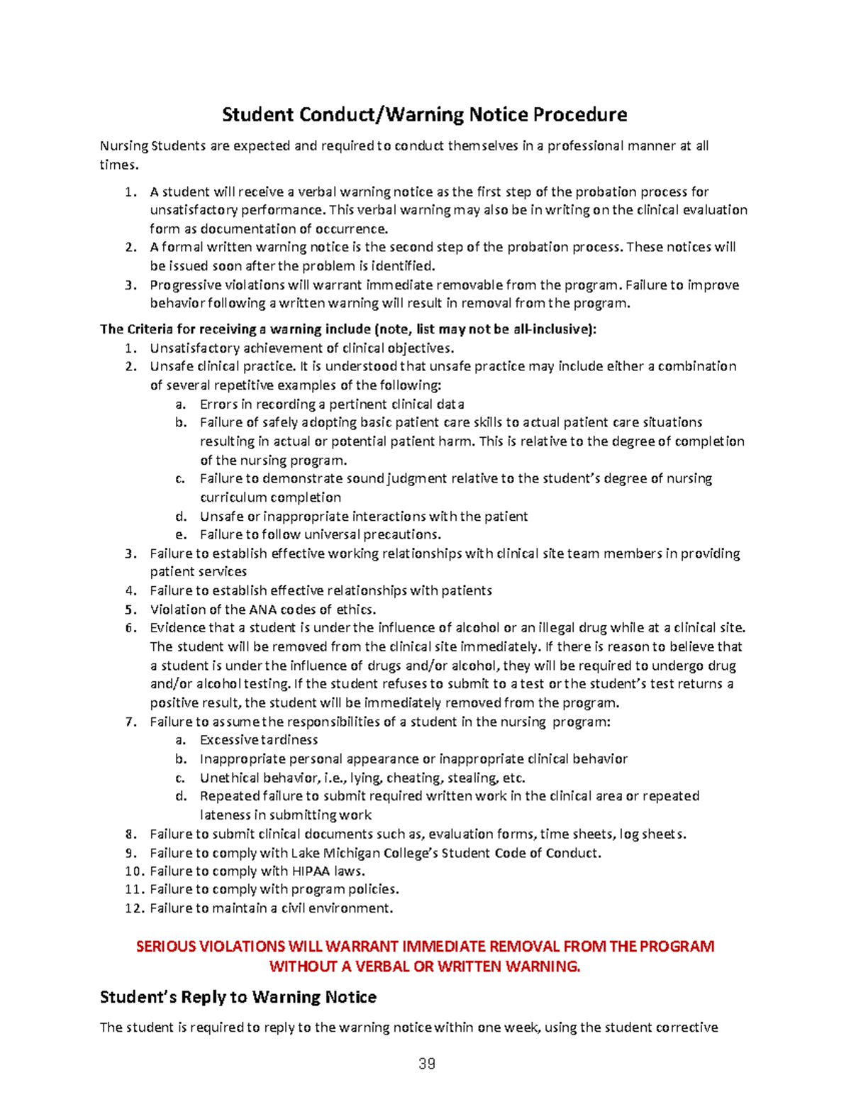 Student Conduct Warning Notice Procedure - 39 Student Conduct/Warning ...