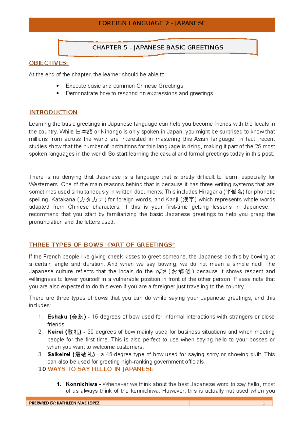 Module 5 - Foreign Language Nihongo / Japanese - OBJECTIVES: At the end ...