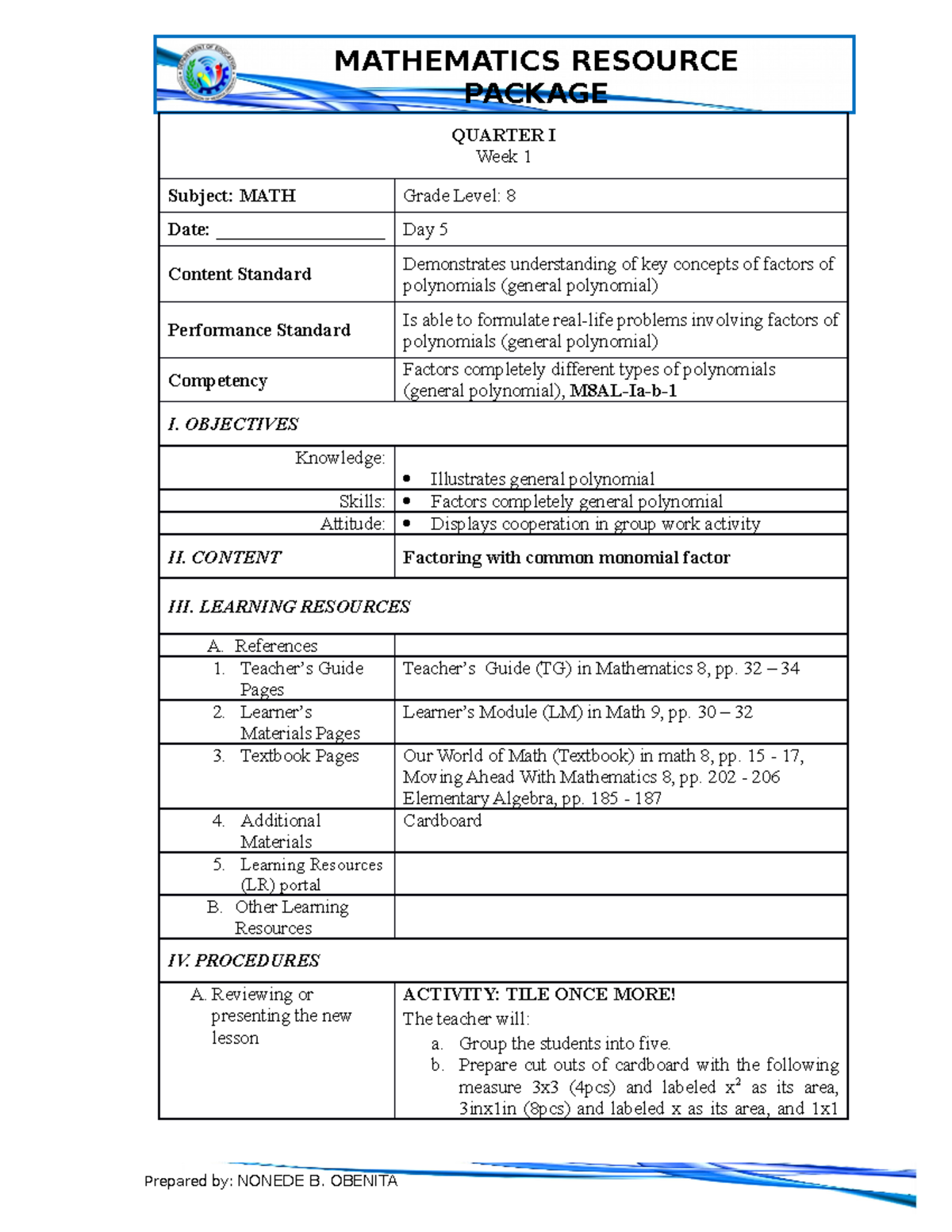 DLL-8 (WEEK 1, DAY 5) - A Detailed Lesson Plan for Grade 8 - Basic ...