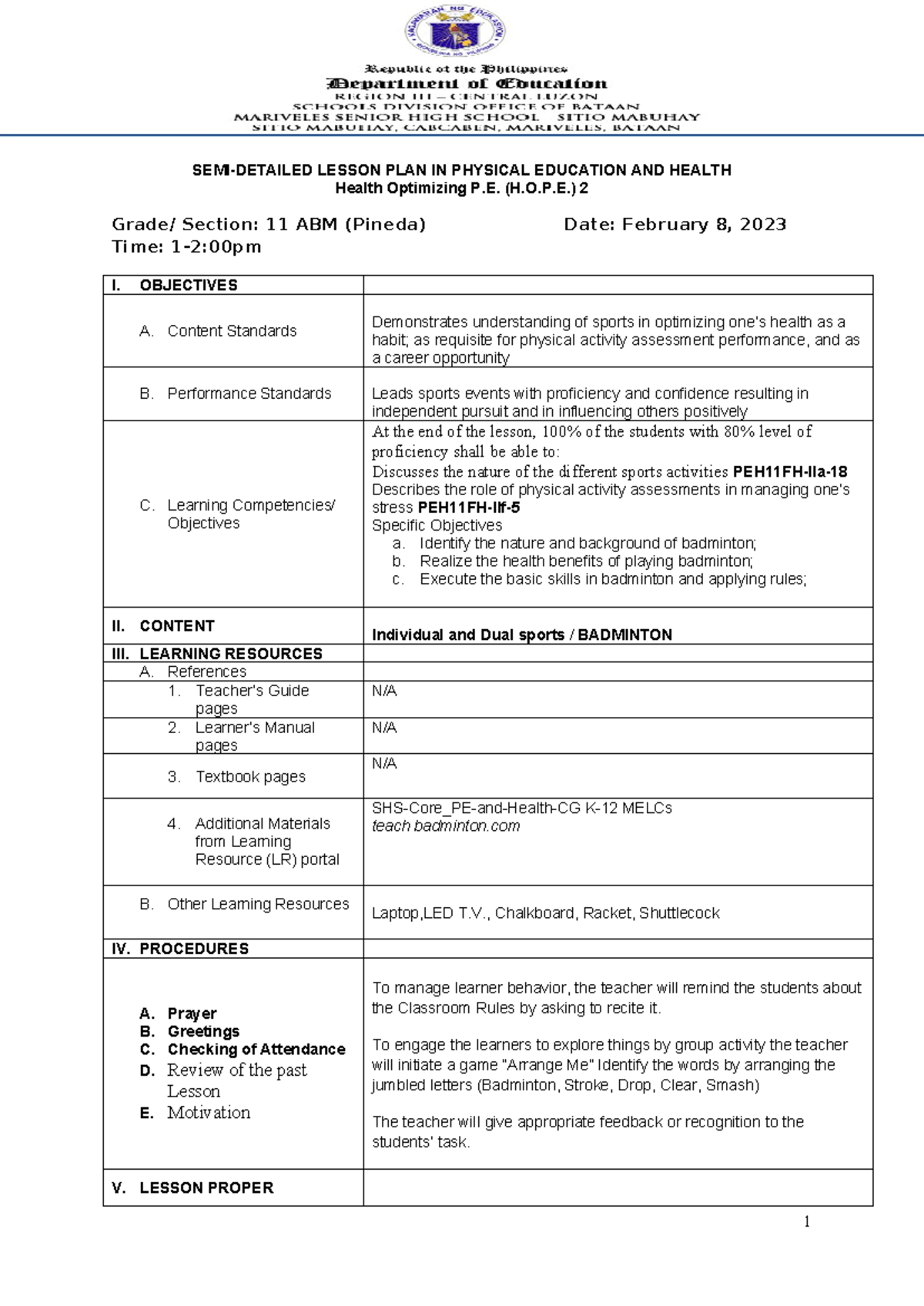 COT 3 Grade 11 - Detailed Lesson Plan on Badminton (PEH11) - Studocu