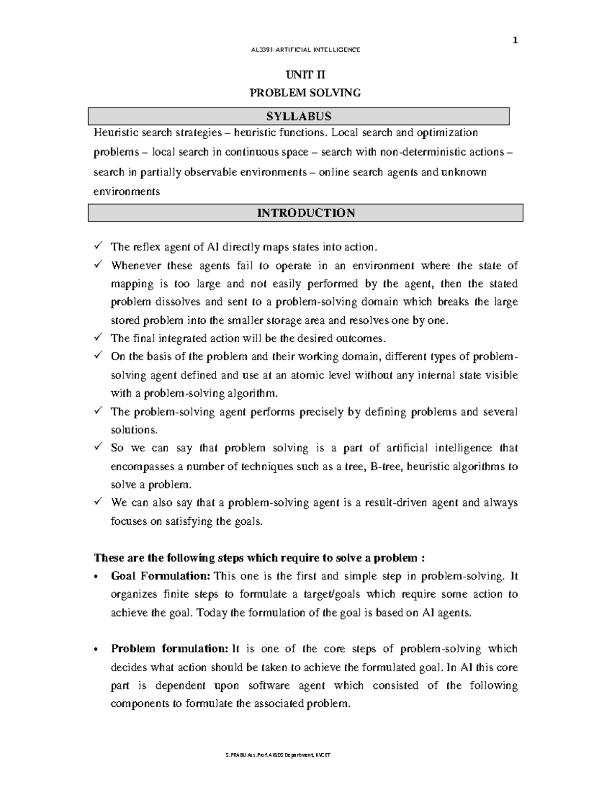 AL3391 - AI UNIT II: Problem Solving & Search Strategies Notes - Studocu