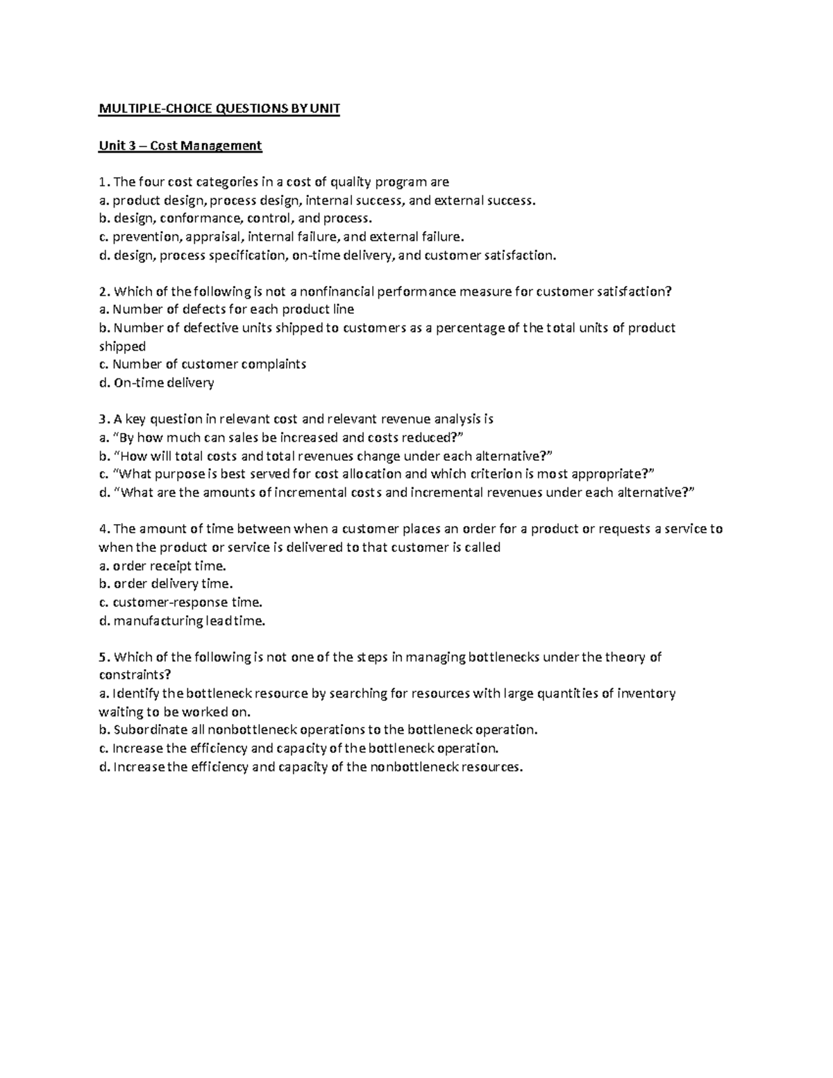 Practice MCQs S24 - Unit 3 Cost Management and Analysis Questions - Studocu