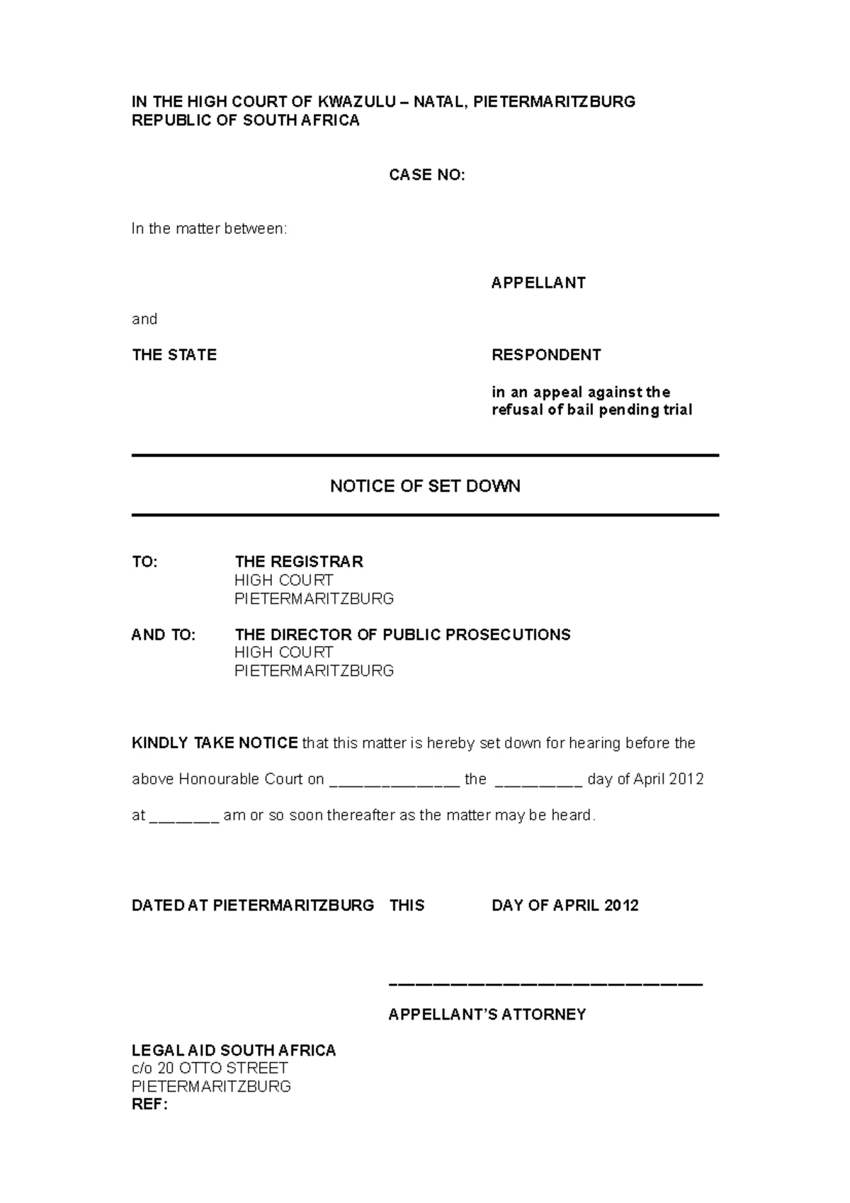 Affidavit in support of bail application - IN THE REGIONAL COURT FOR ...