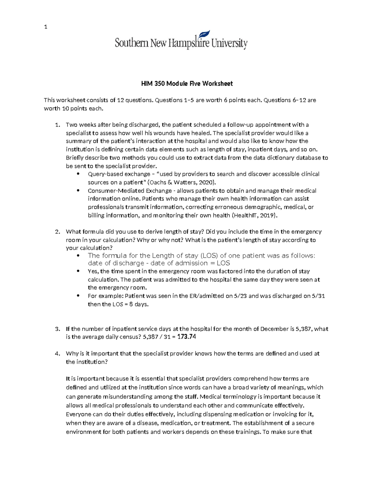 HIM 350 Module Five Worksheet: Data Integrity & Calculation Scenarios - Studocu