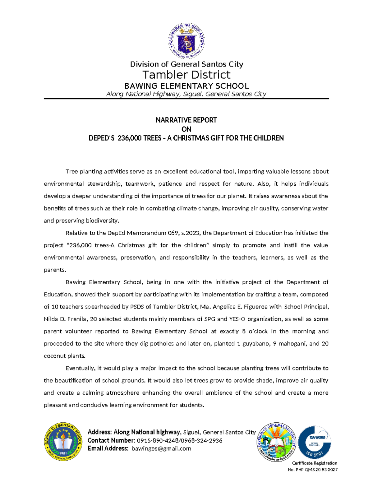 Narrative Report on Tree Planting Activity for DepEd's 236,000 Trees ...