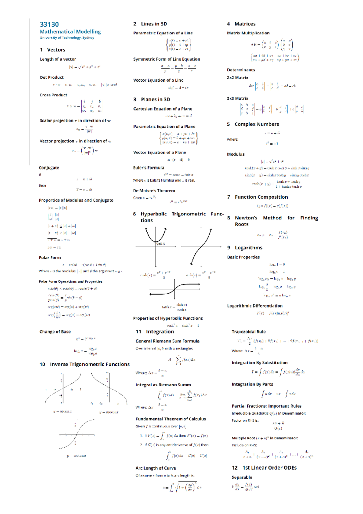Maths Cheat Sheet - Summary Mathematical Modelling 1 - 33130 2 Lines in ...