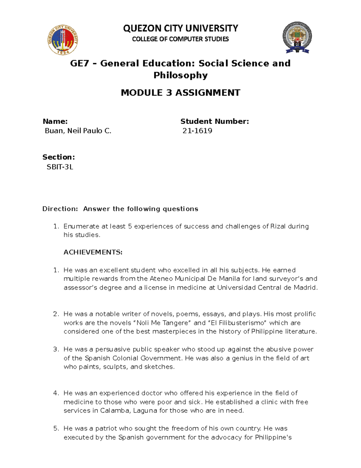 Buan GE 7 Module 3Assignment 09-11-2023 - COLLEGE OF COMPUTER STUDIES GE7 – General Education ...