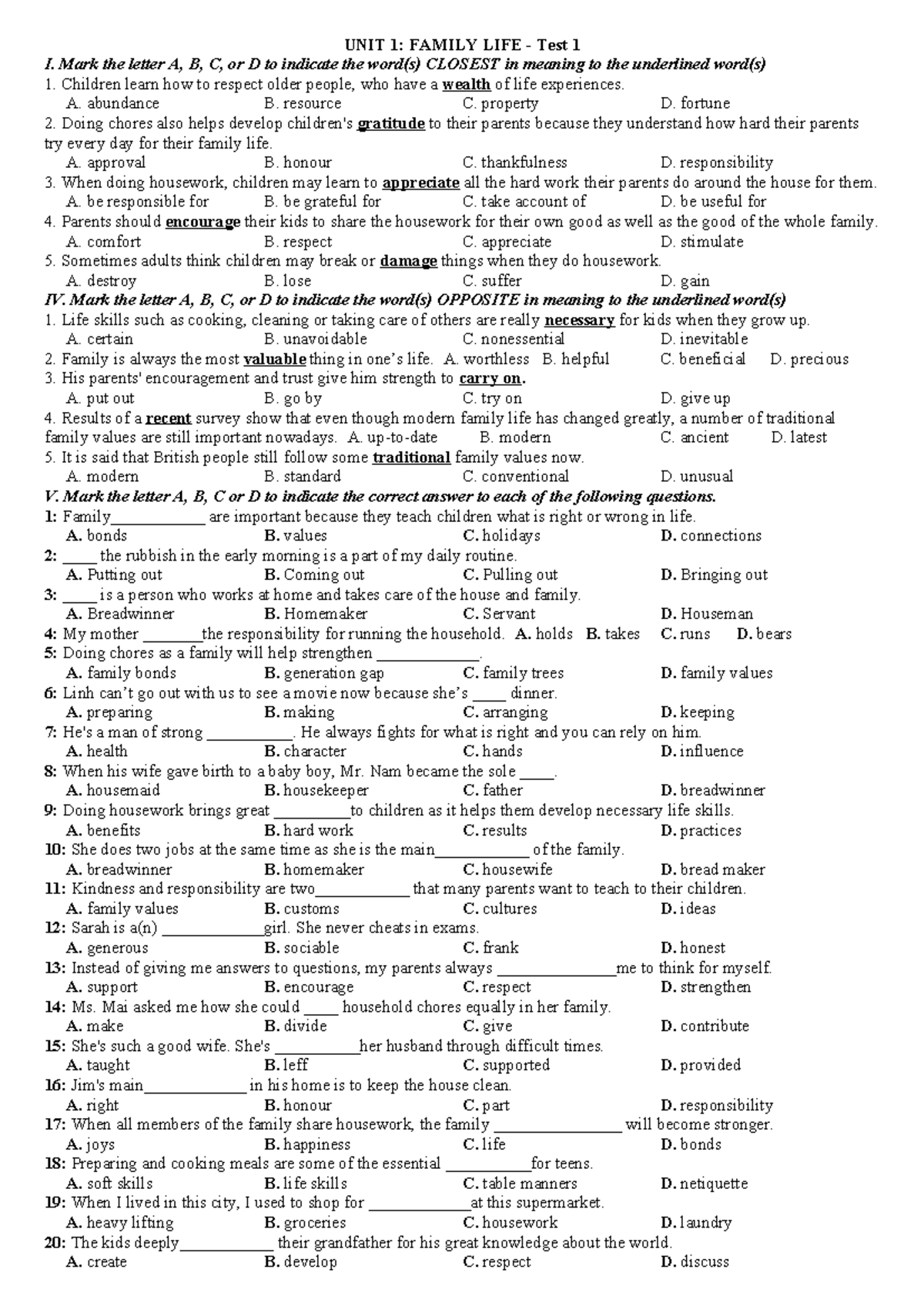 UNIT 1: FAMILY LIFE - Test 1 Review and Practice Questions - Studocu