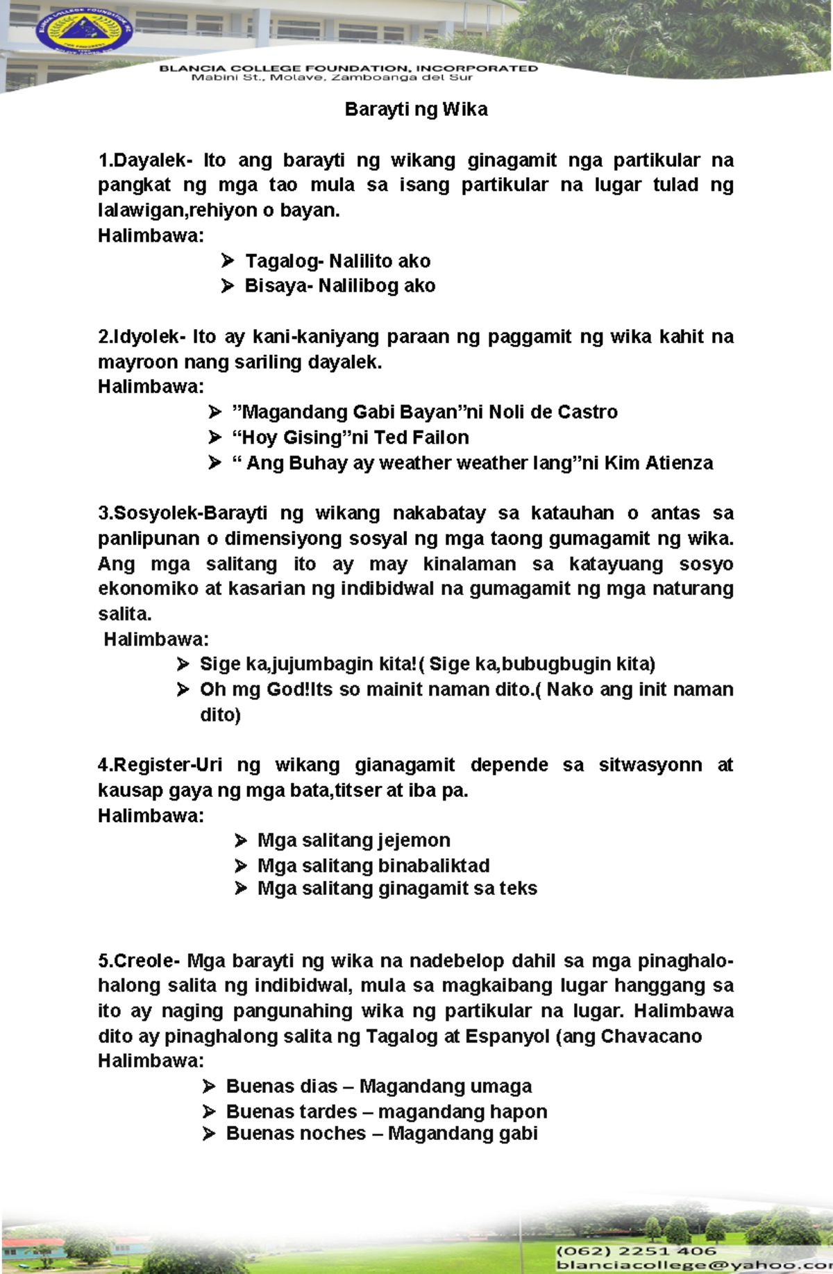 Barayti ng Wika - Idyolek, Dayalek, Sosyolek, at Register - Studocu