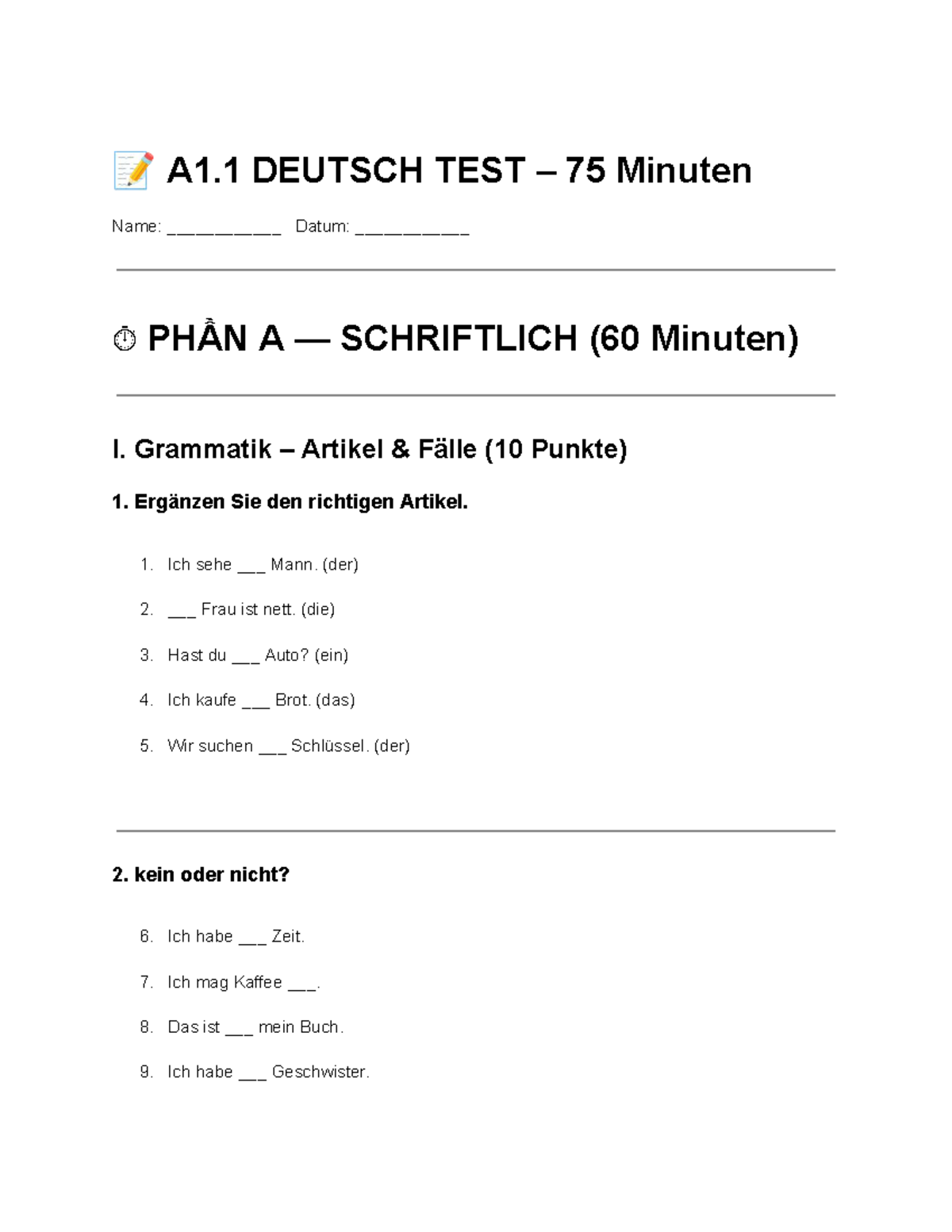 A1.1 DEUTSCH TEST: Grammatik, Pronomen & Leseverstehen - Studocu