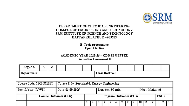 Answer Key for Formative Assessment II - 21CHO101T - Studocu