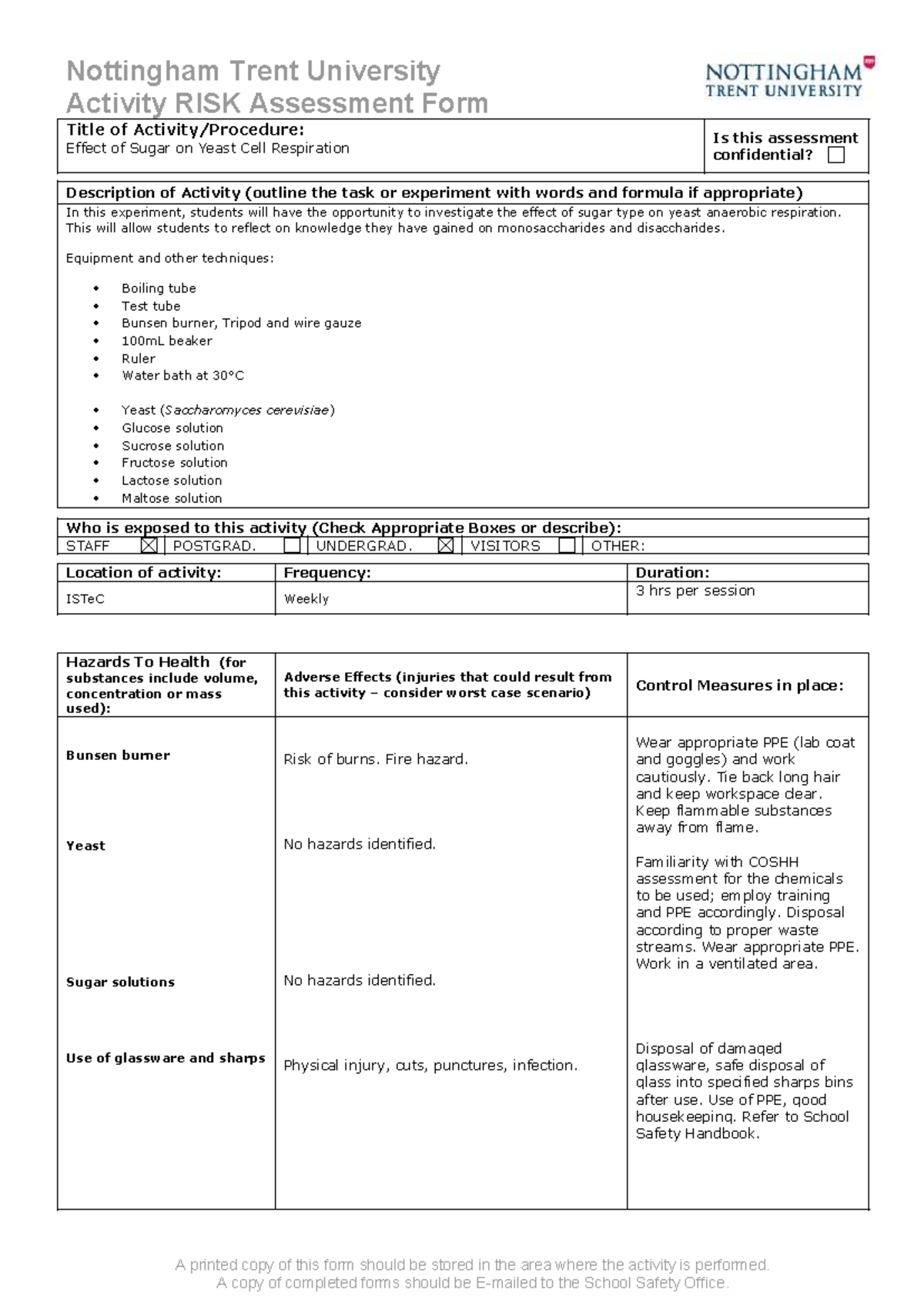 RA ISTeC Yeast Cell Respiration Risk Assessment Form - Studocu