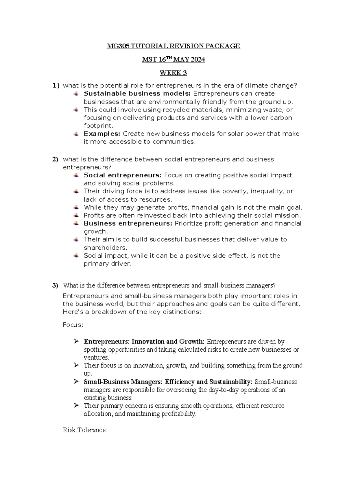 MG305 Tutorial Revision Guide: Key Entrepreneurial Concepts & Insights ...