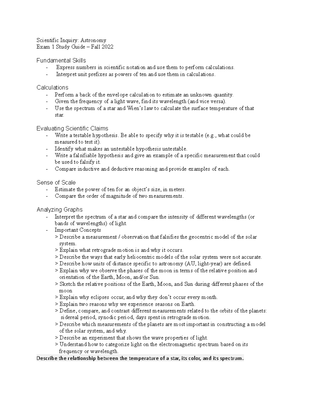 SCI-1000 - Eric Raymer - Scientific Inquiry: Astronomy Exam 1 Study ...