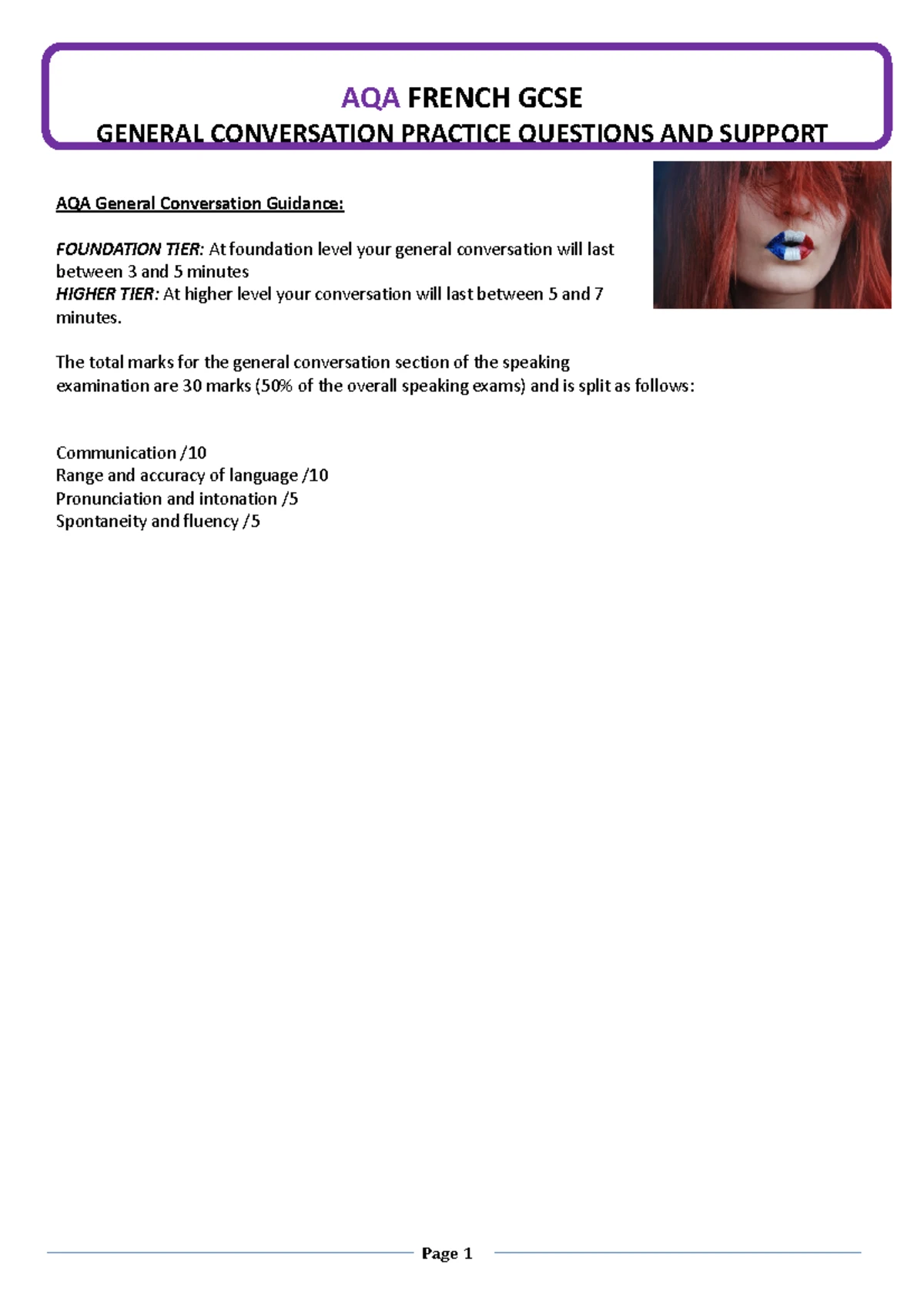 P66958 GCSE French 1FR0/2F 1FR0/2H Speaking Assessment Guide 2022 - Studocu