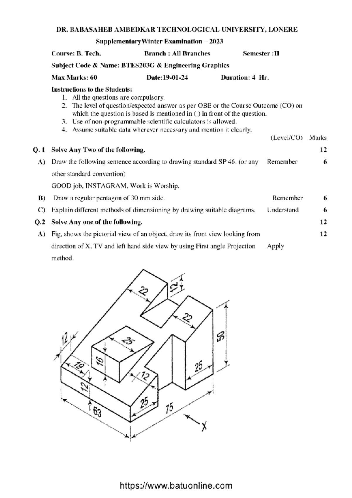 B.Tech 1st Year Engineering Graphics BTES203G Supplementary Exam Jan ...