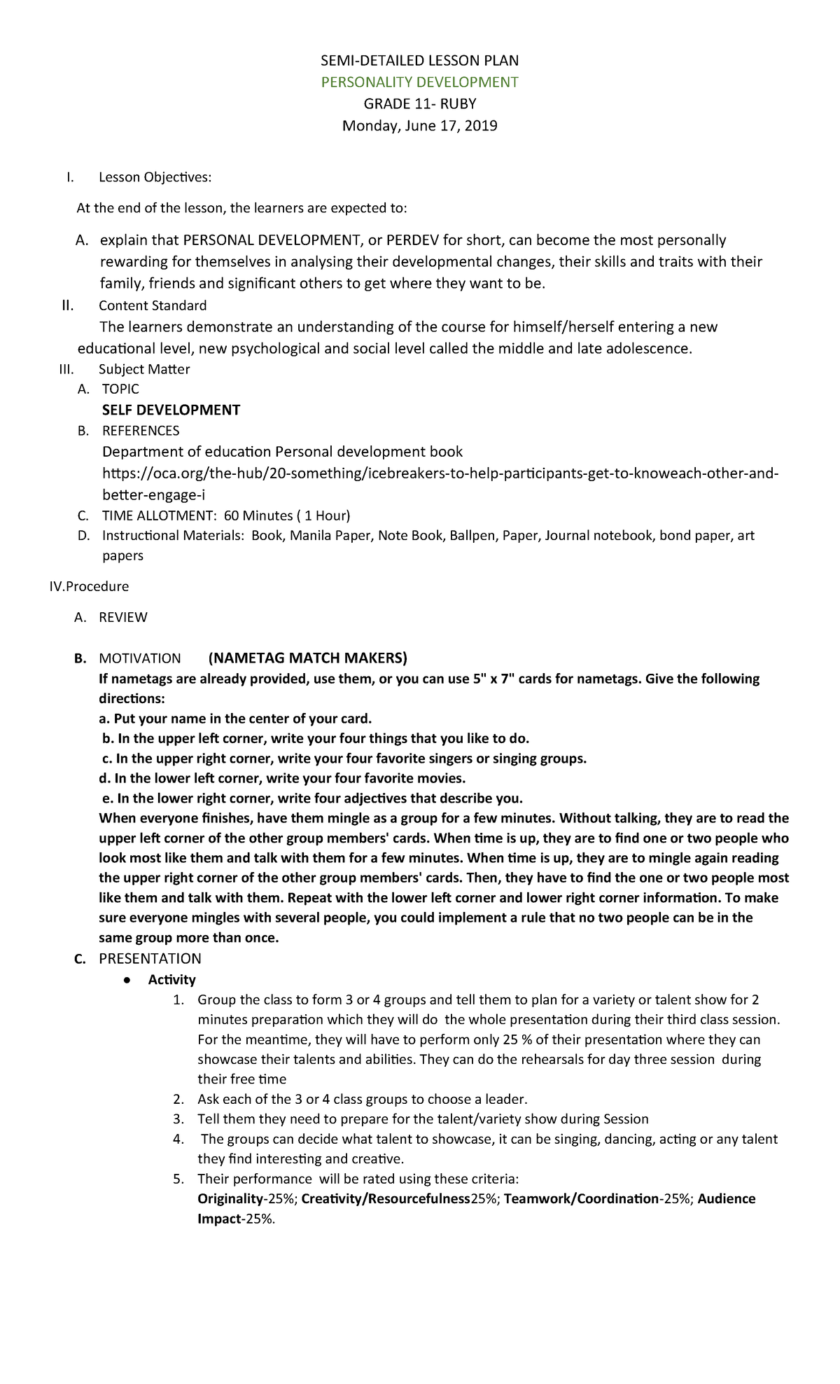 Final Lesson Plan: Personality Development (PerDev G11-Ruby) - Studocu