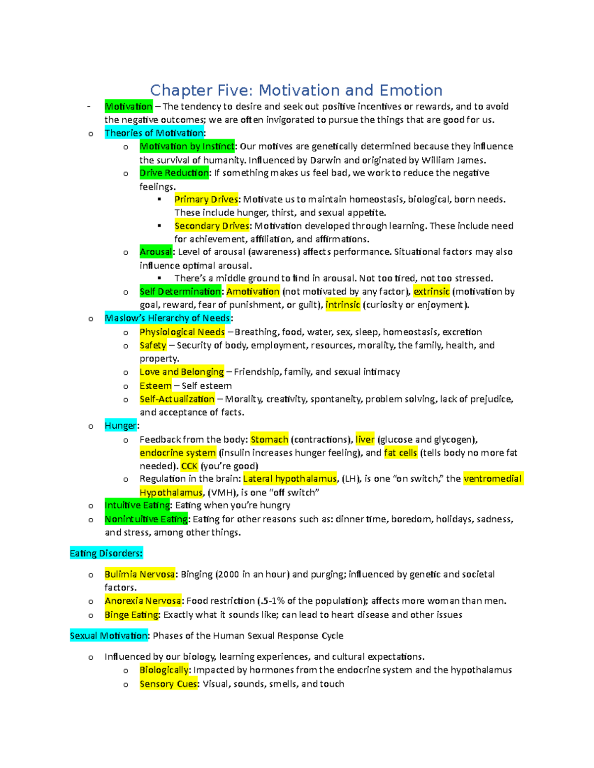 Psychology - Motivation and Emotion Overview (Chapter 5 Notes) - Studocu
