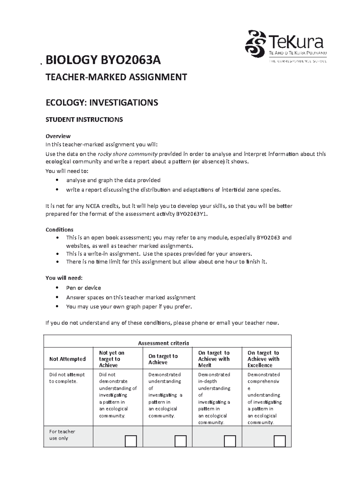 Biology O2063A Assignment: Ecology Investigations Report on Takamatua ...