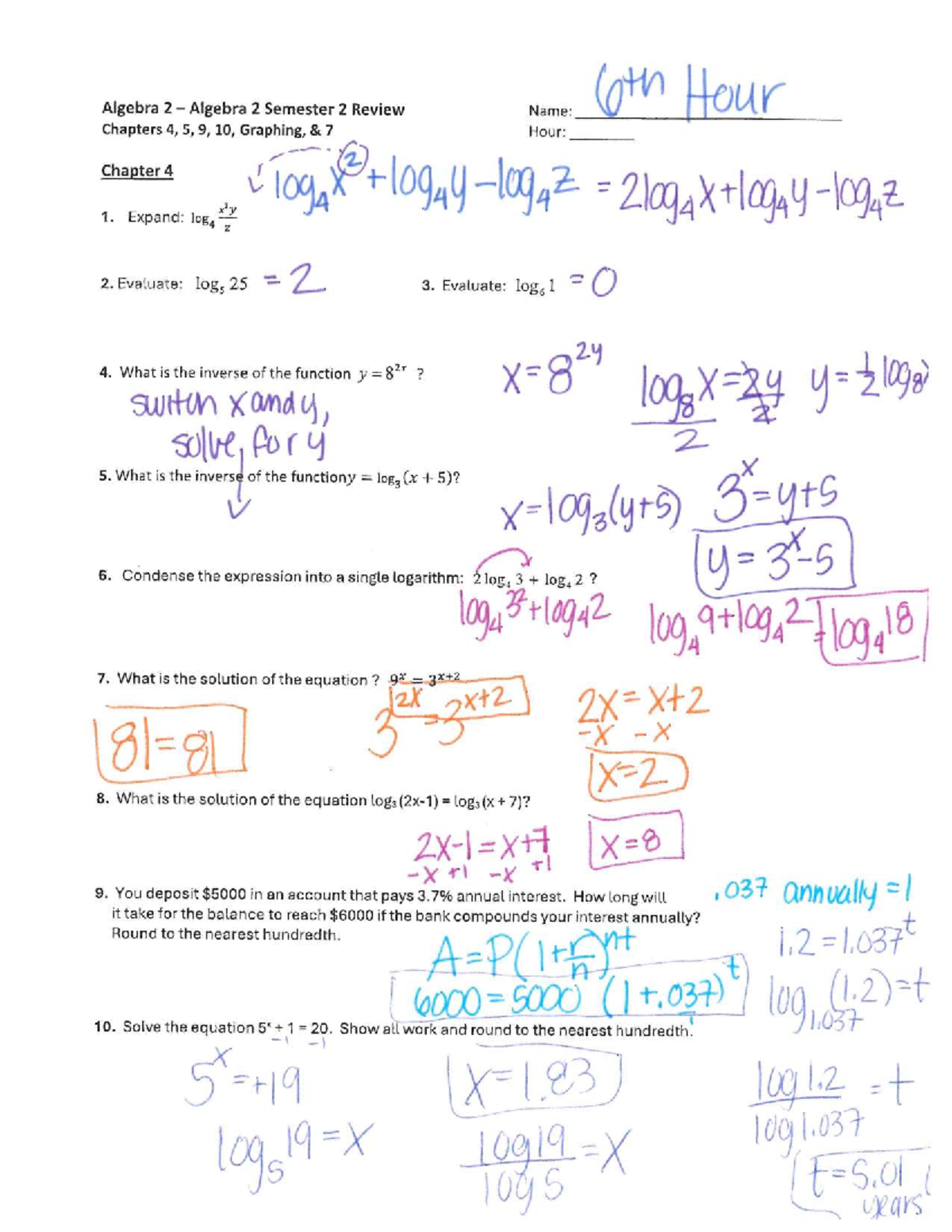Algebra 2 (Alg 2) Semester 2 Review 2025 Solutions - Studocu