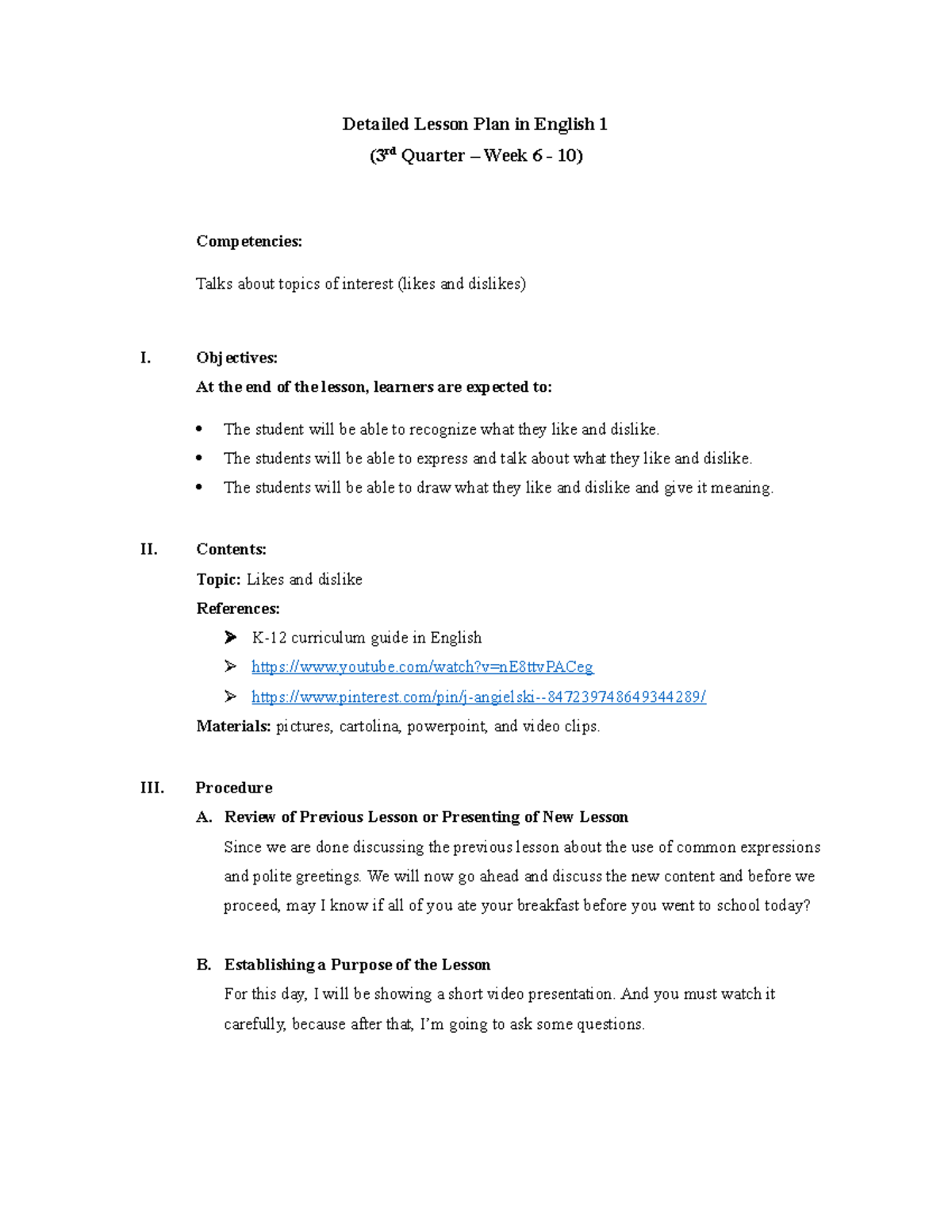 Detailed Lesson Plan: Likes and Dislikes (English 1 - 3rd Quarter ...