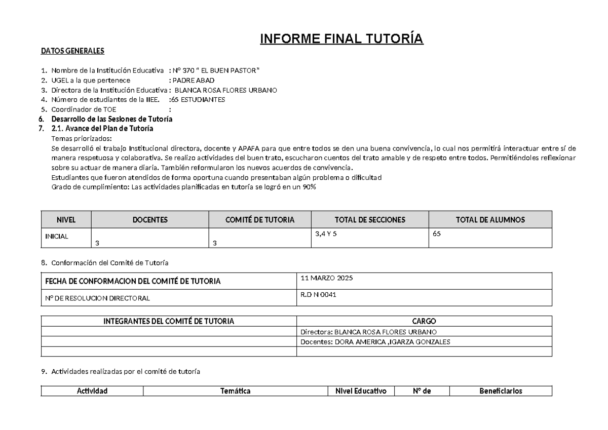 Informe Final de Tutoría - I.E. 370 EL BUEN - Studocu