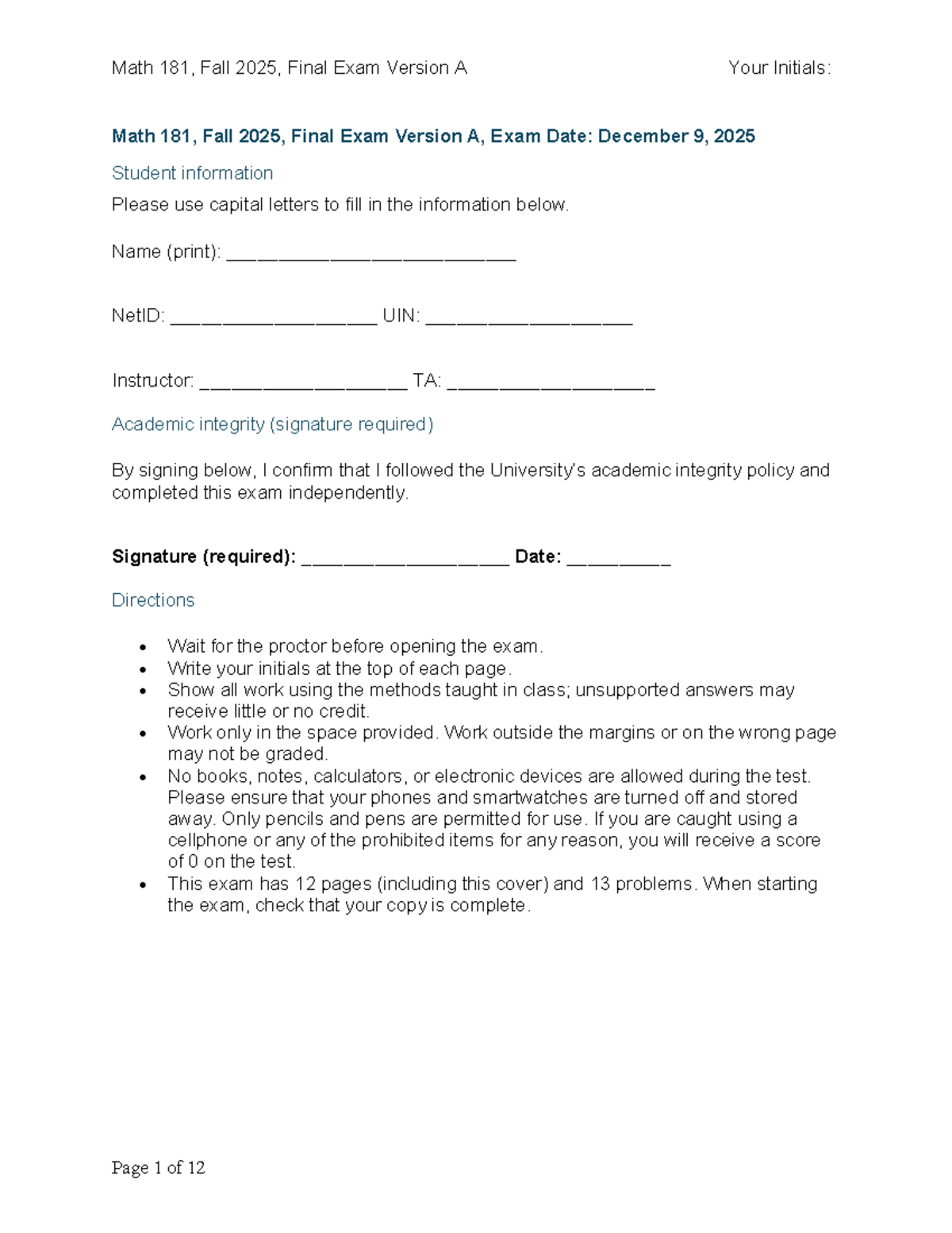 Math 181, Fall 2025, Final Exam A: Complete Student Guide - Studocu