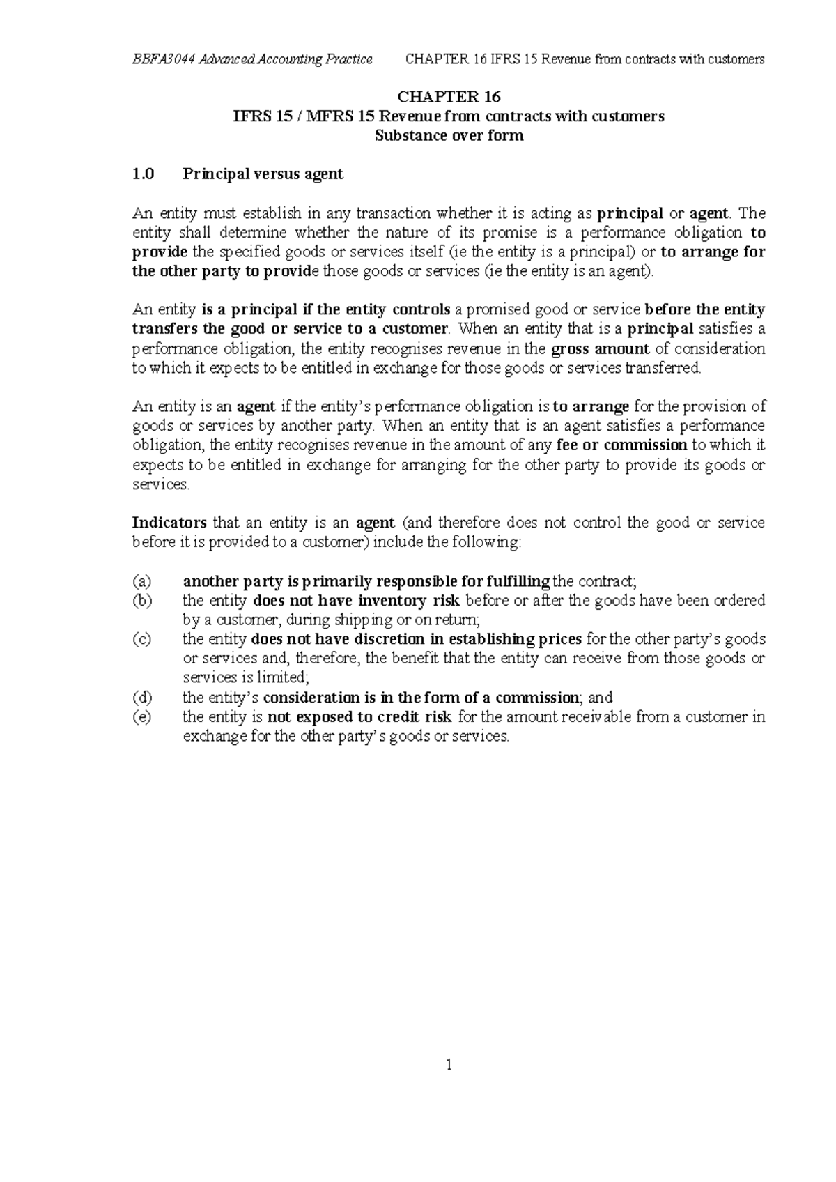 Chapter 16 IFRS 15 - Revenue Recognition: Principal vs Agent - Studocu