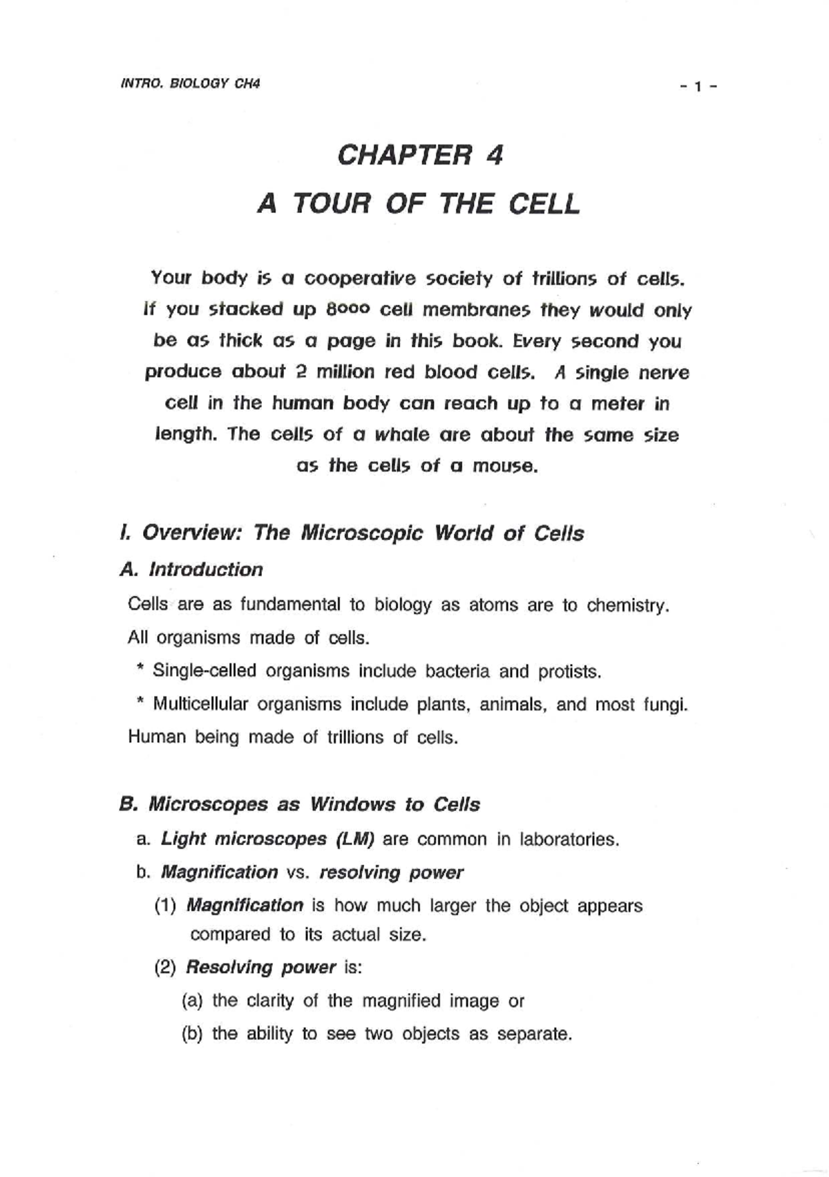 Intro. Biology CH 04 - A Comprehensive Tour of the Cell - Studocu