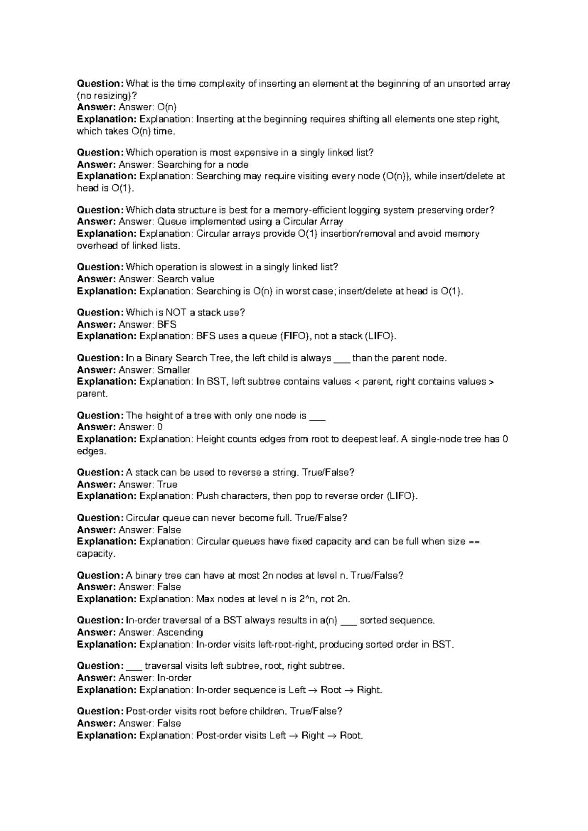 Data Structures Mock Test Answers (CS101) - Studocu
