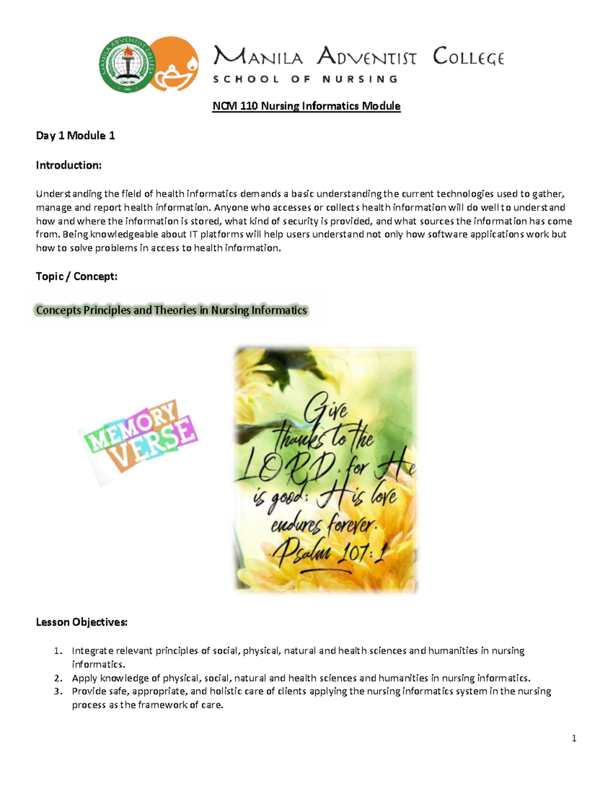 NCM 110 Nursing Informatics Day 1 Module 1 Overview 2024 - Studocu