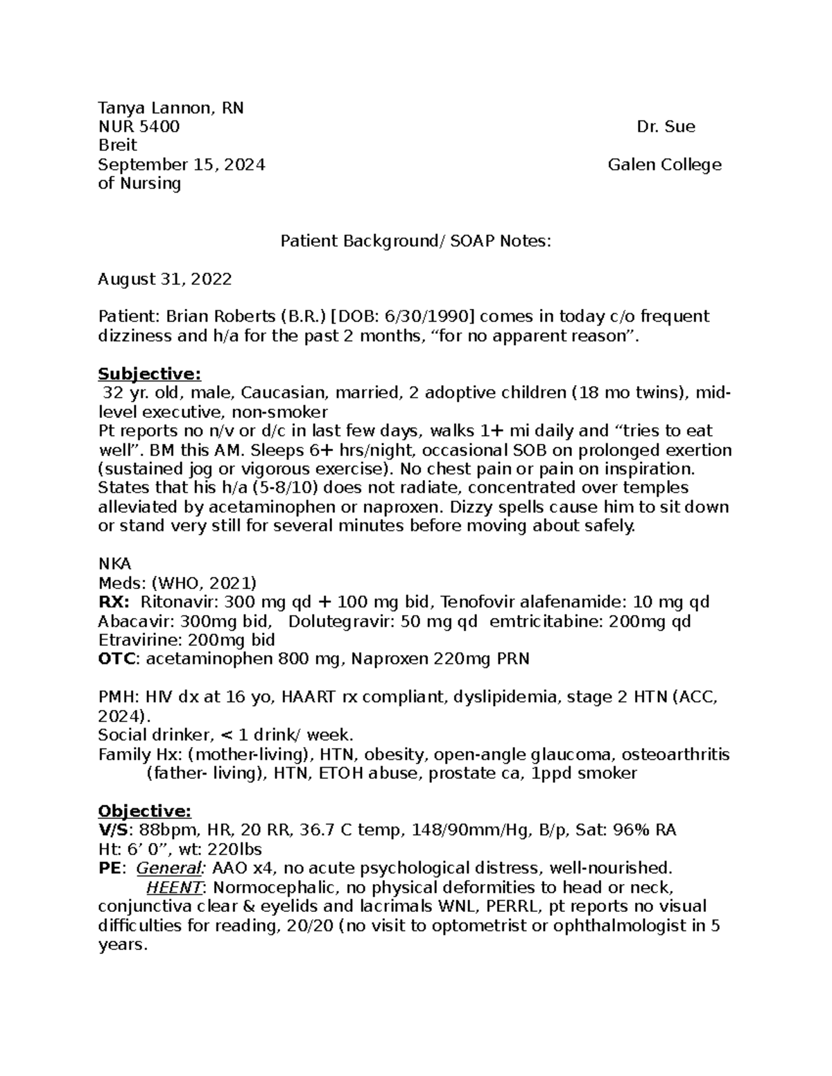 NUR 5400 Patient SOAP Notes: Brian Roberts Case Study - Studocu