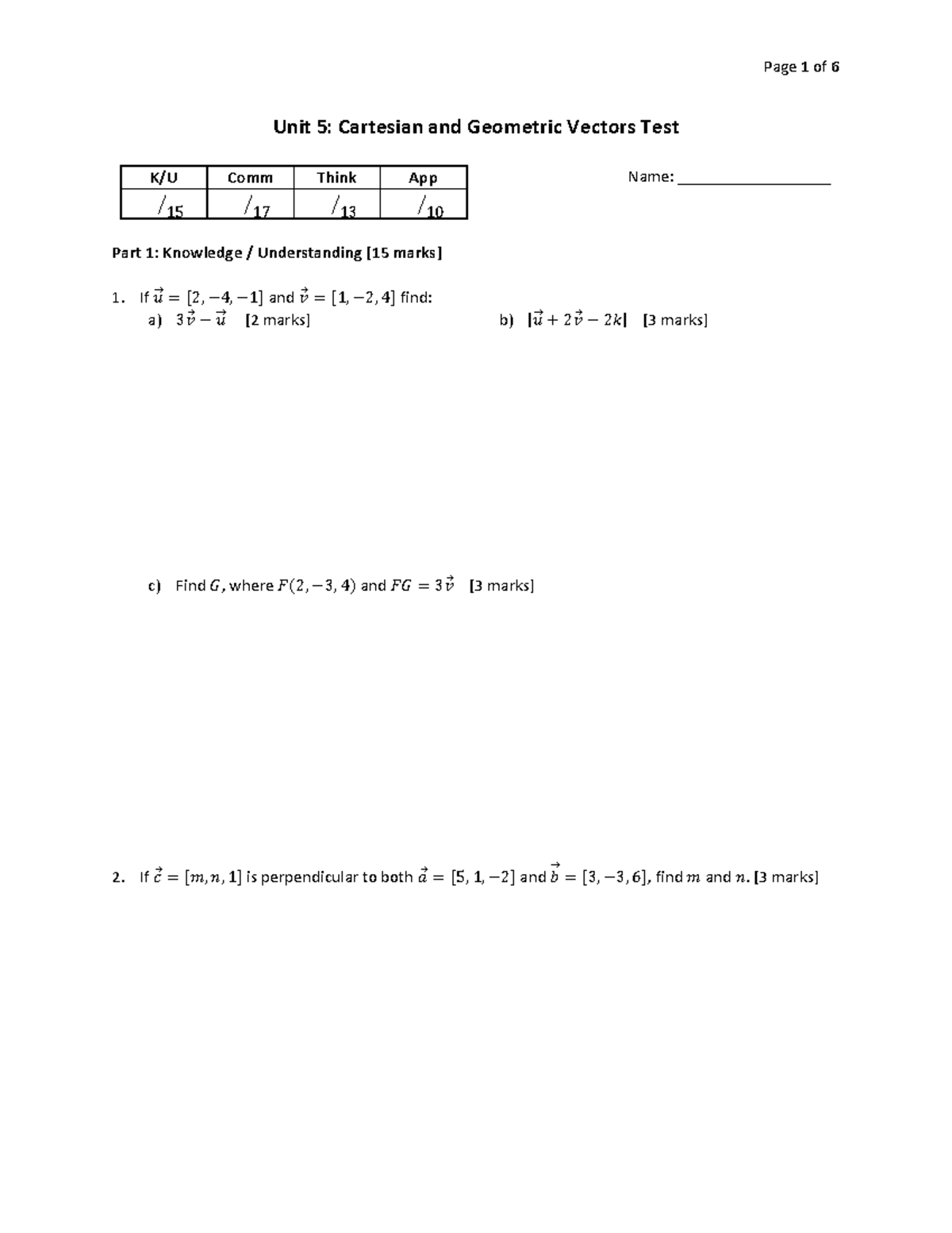 OVS MCV4U - Unit 5 Cartesian & Geometric Vectors Test - Studocu