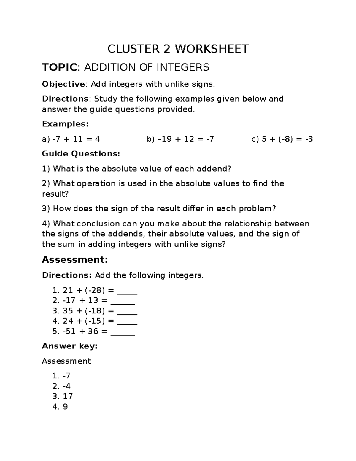 Cluster 2 Worksheet - Quiz on Adding Integers with Unlike Signs - Studocu