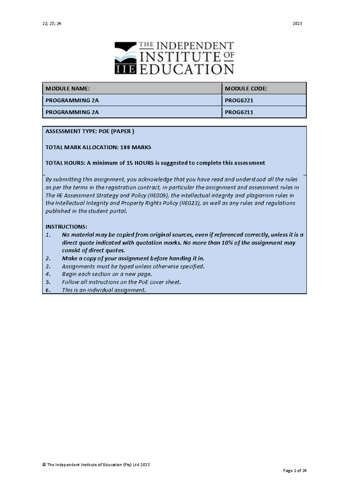 PROG6221POE - © The Independent Institute of Education (Pty) Ltd 2023 MODULE NAME: MODULE CODE ...