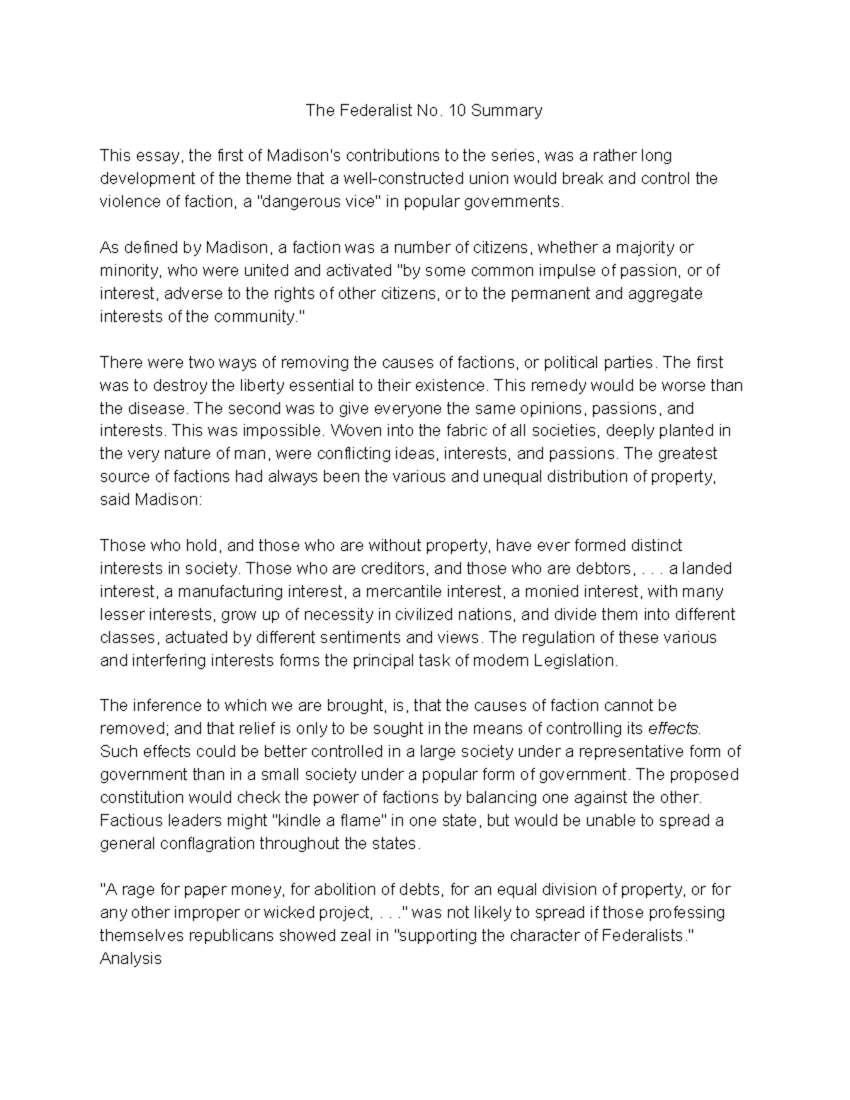 The Federalist No. 10 Summary - Analysis of Factions in Politics - The ...