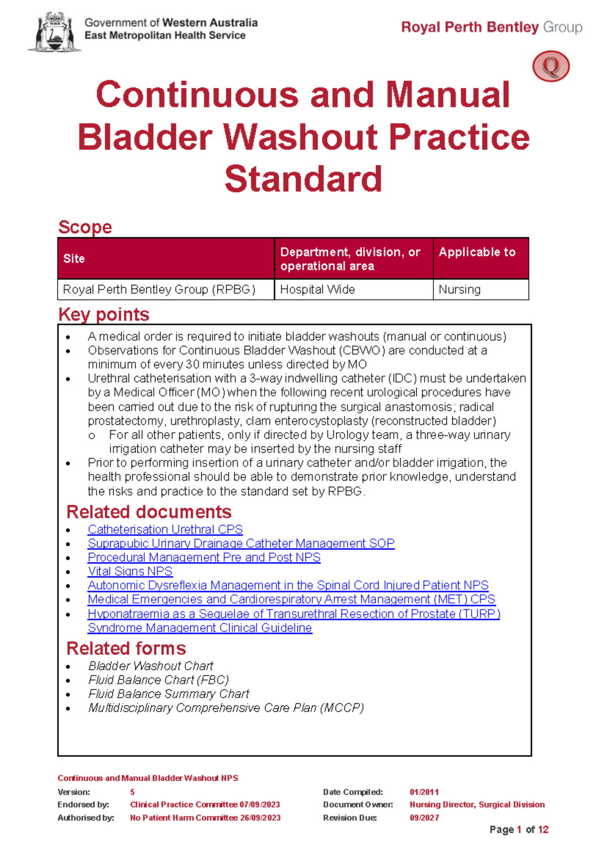 Continuous and Manual Bladder Washout Practice Standard NPS - Studocu