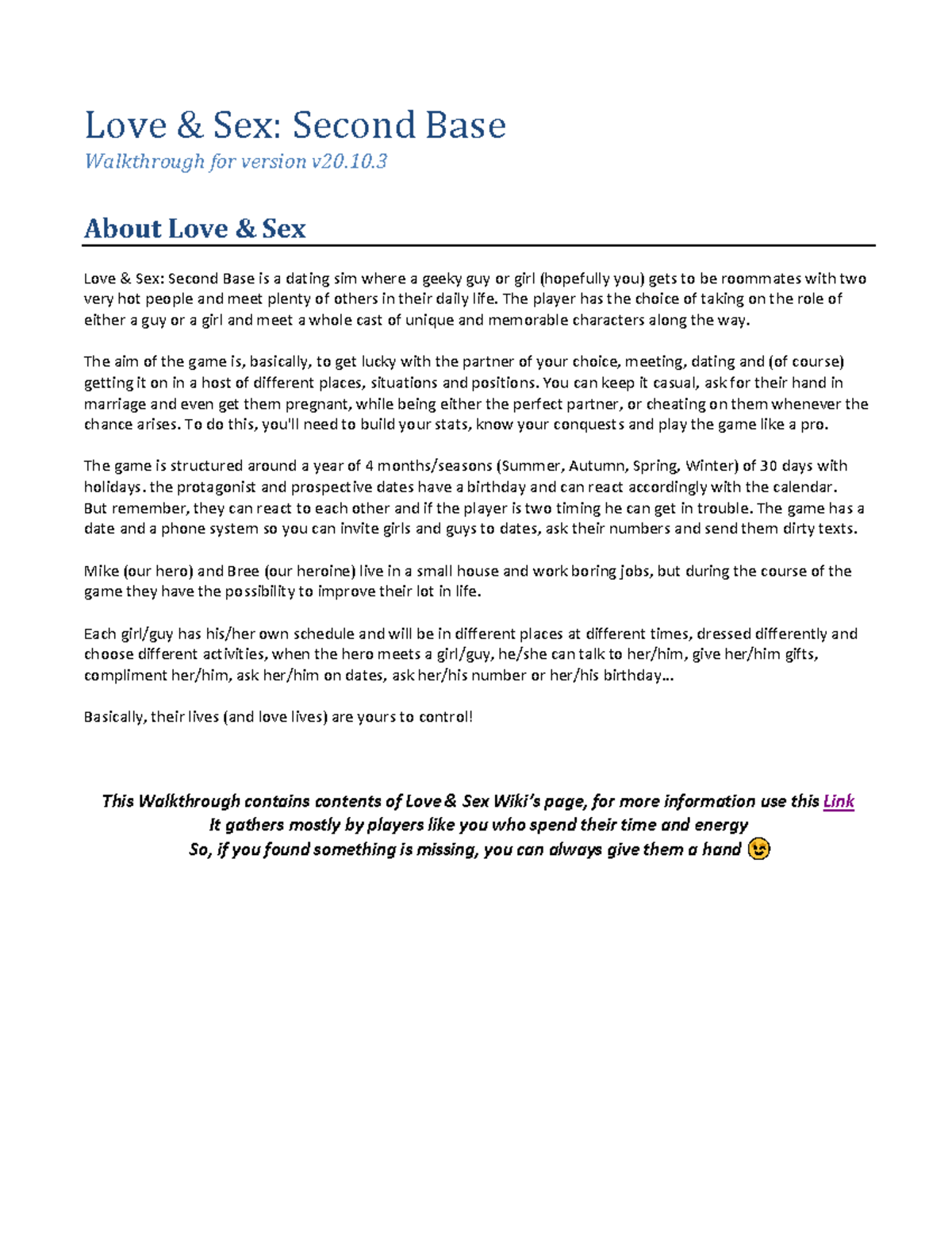 Love & Sex: Second Base Walkthrough v20 for Dating Sim Success - Studocu