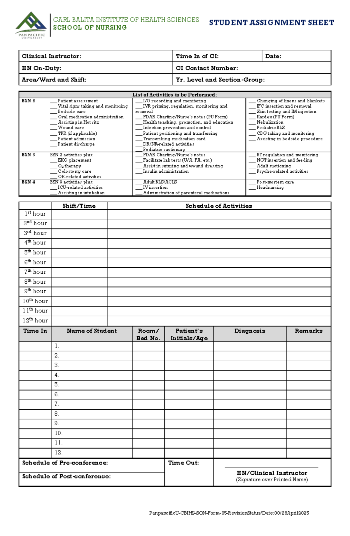 BSN 2 & 3 Student Assignment Sheet for Clinical Activities - Studocu