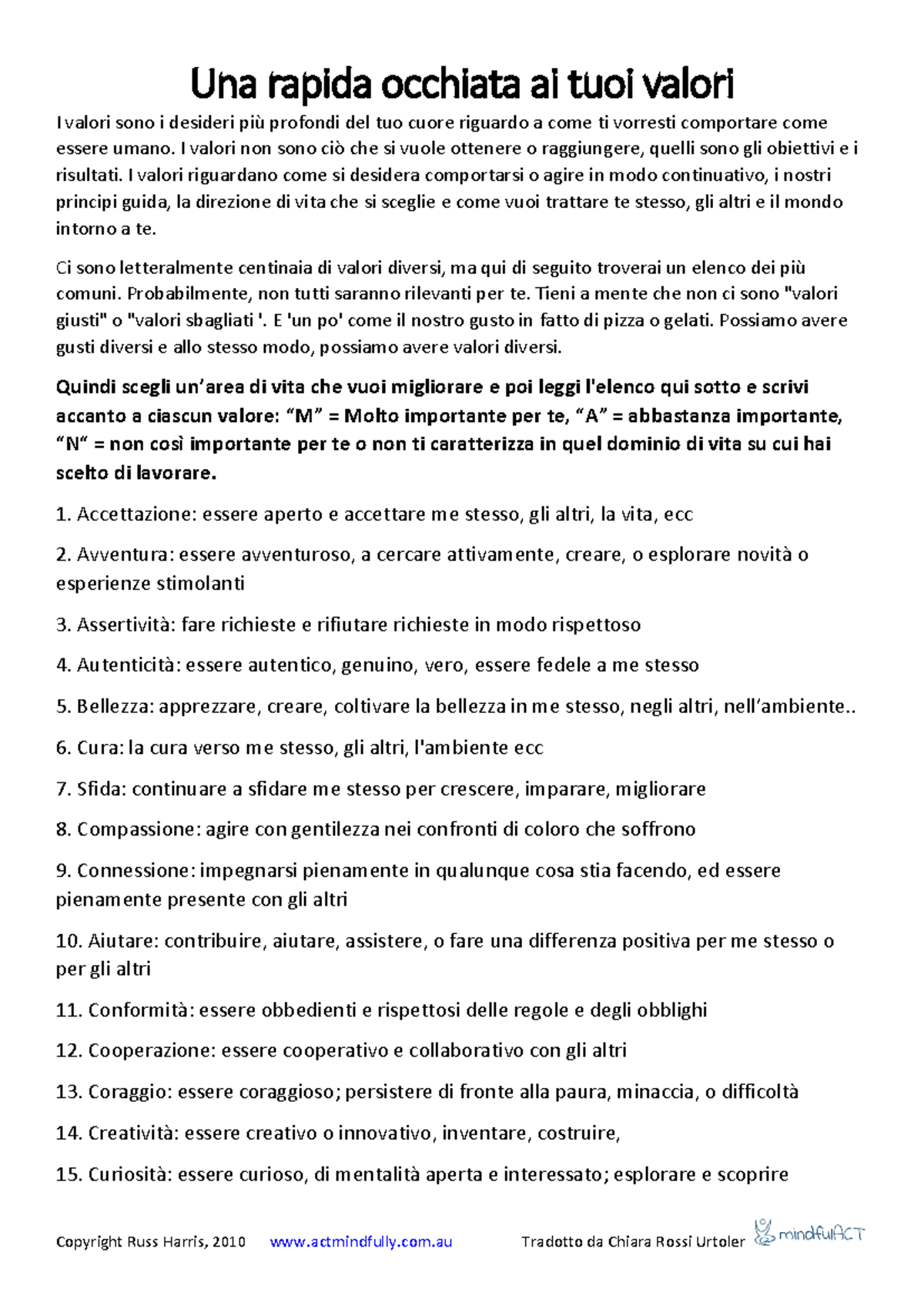 Scheda dei Valori Comuni: Riflessioni e Sviluppo Personale - Studocu