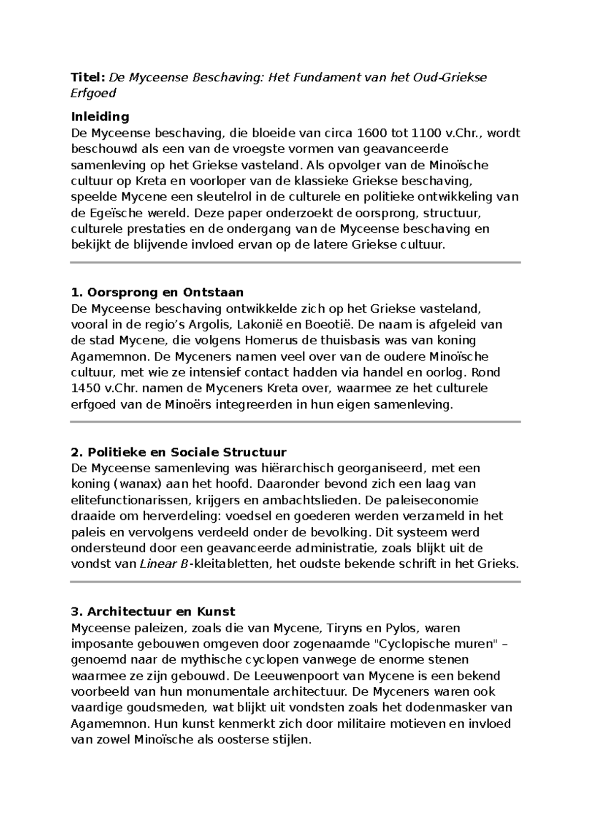 Myceense Beschaving: Fundamenten van het Erfgoed en Invloed - Studocu