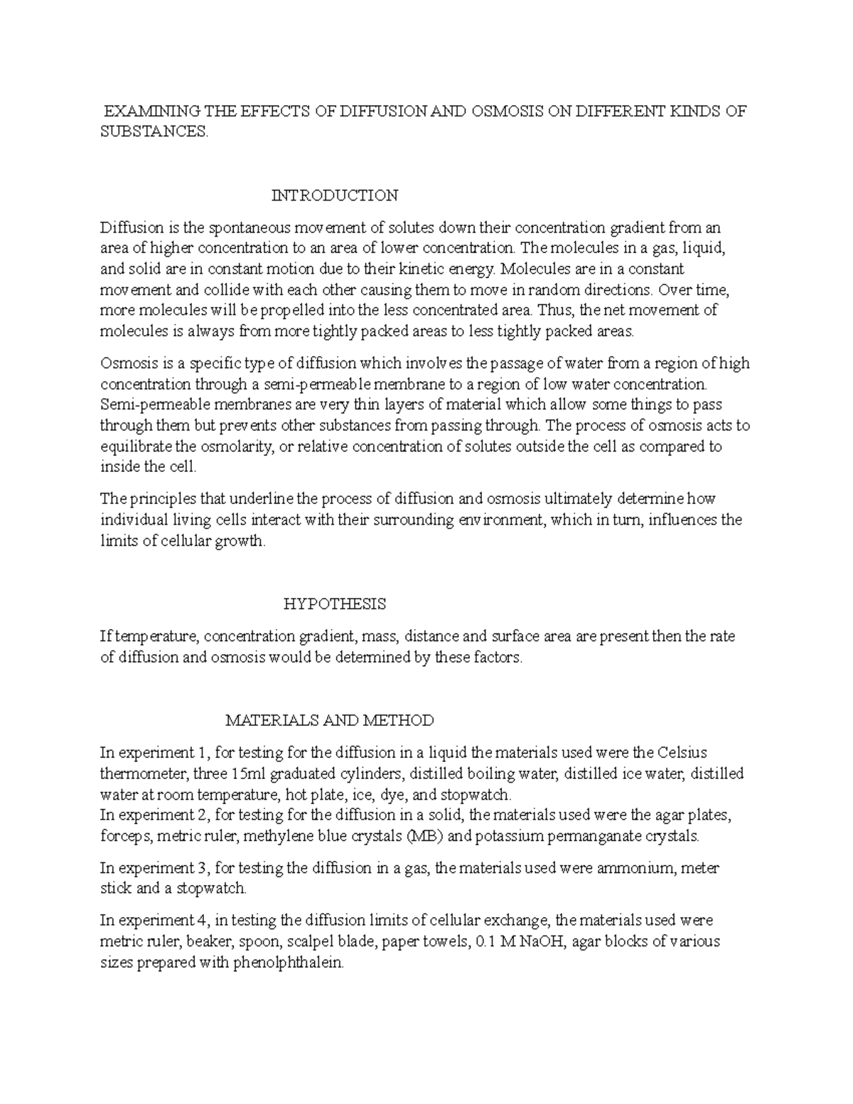 Diffusion lab - lab report - EXAMINING THE EFFECTS OF DIFFUSION AND ...