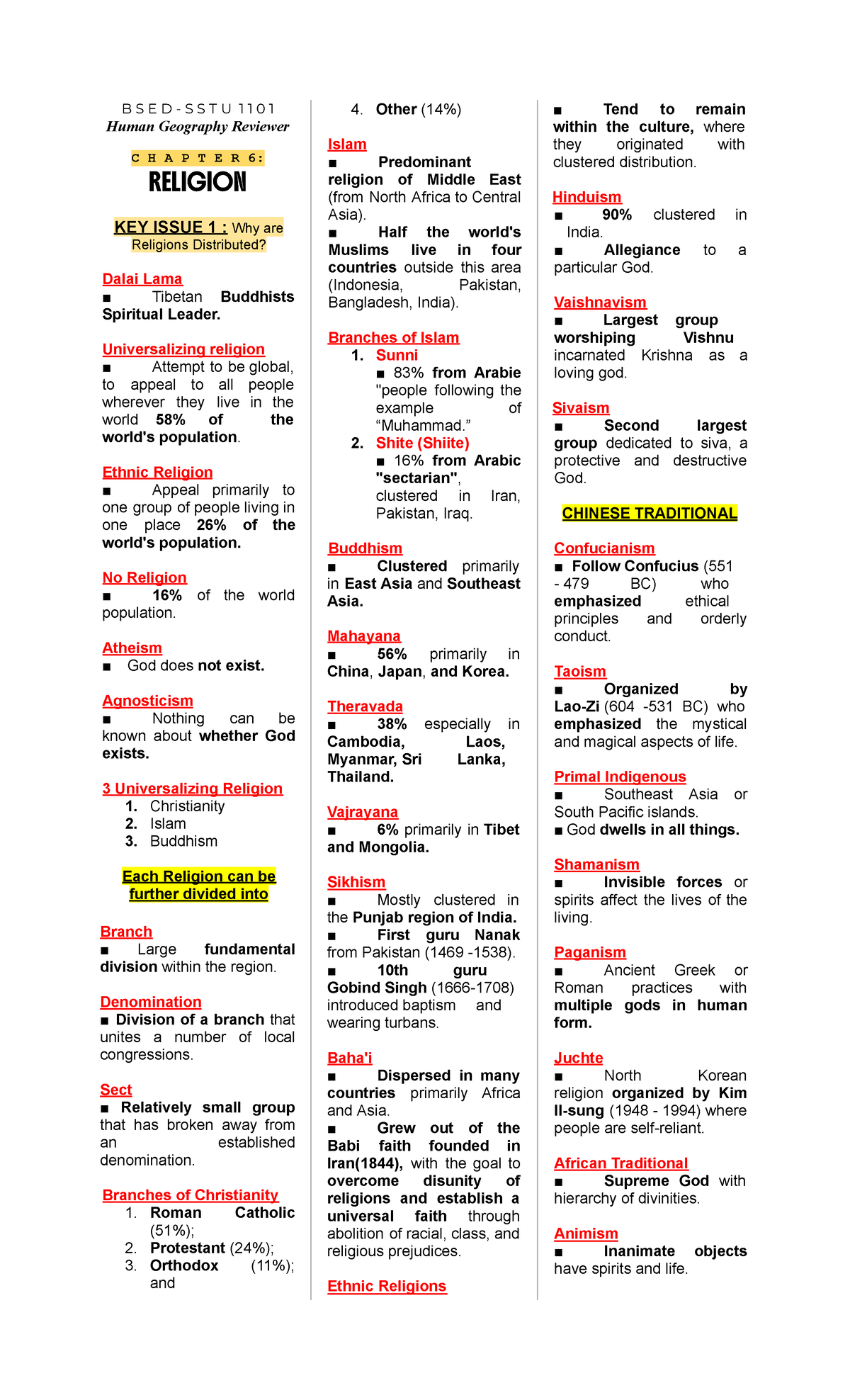 1101 Human Geography Review: Chapters 6 & 7 - Religion & Ethnicity ...
