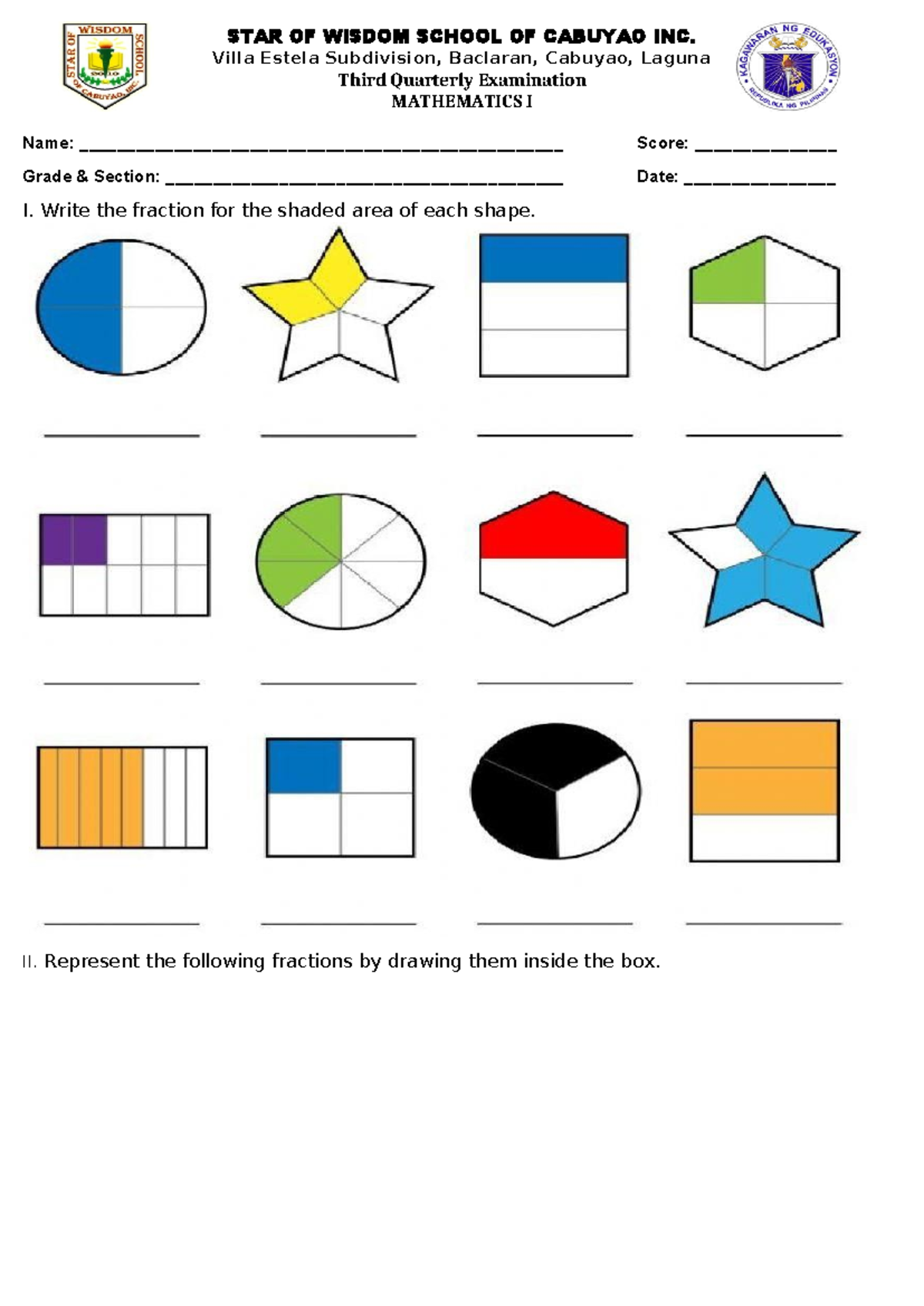MATH 1 - 3rd Quarterly Exam: Fraction & Shape Activities - Studocu